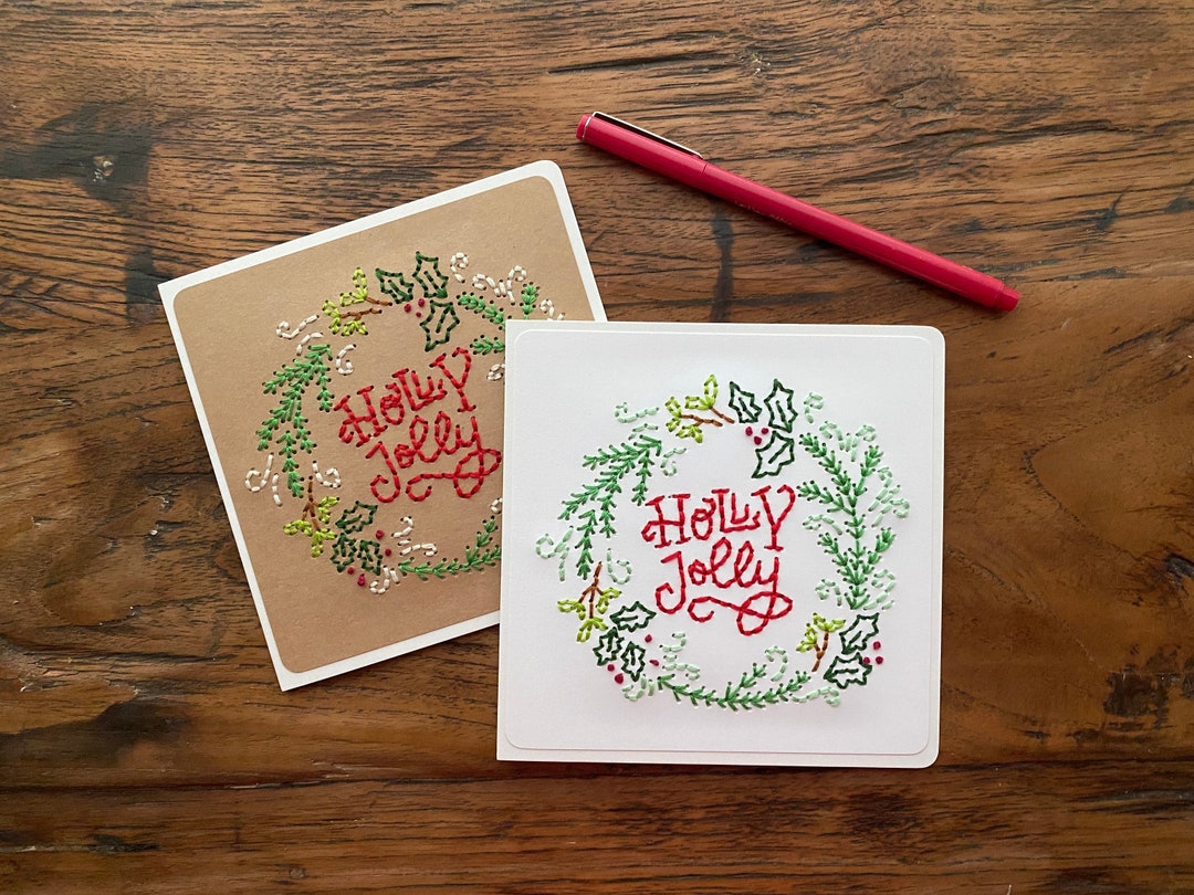 Holly Jolly Card | Christmas Card | Handsewn | Christmas Wreath ...