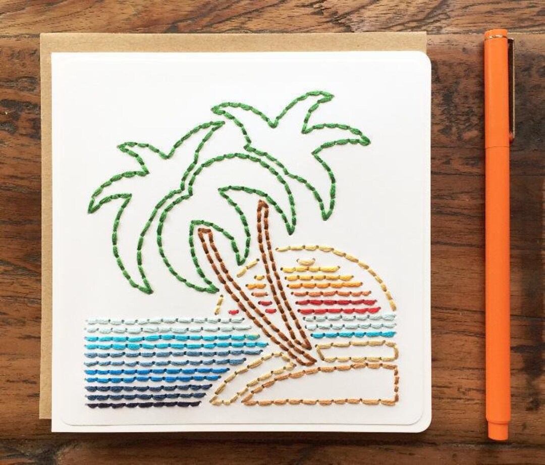 Sunset Card | Palm Tree Card | Beach | Coastal Card | Handmade Sewn ...