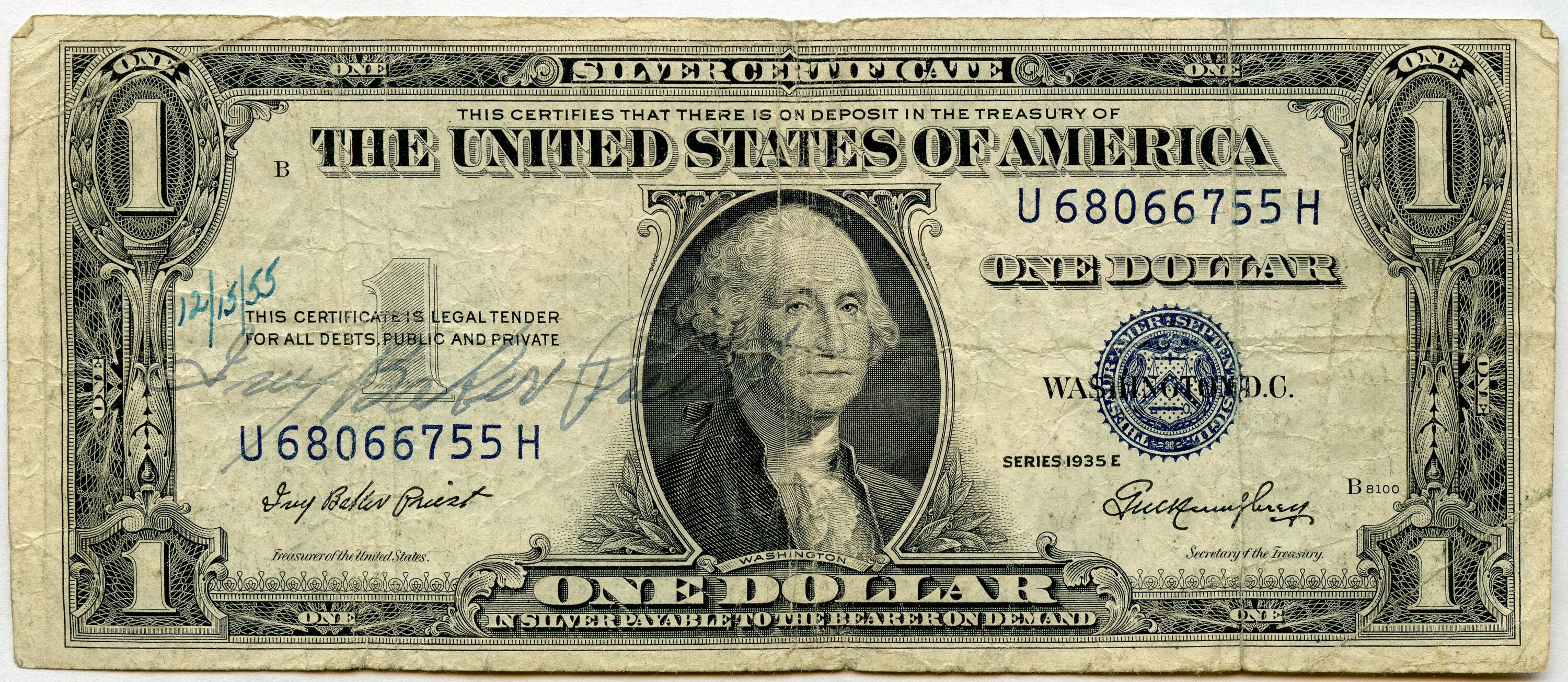 1935 E One Dollar Silver Certificate Autographed by Treasurer Ivy Baker ...