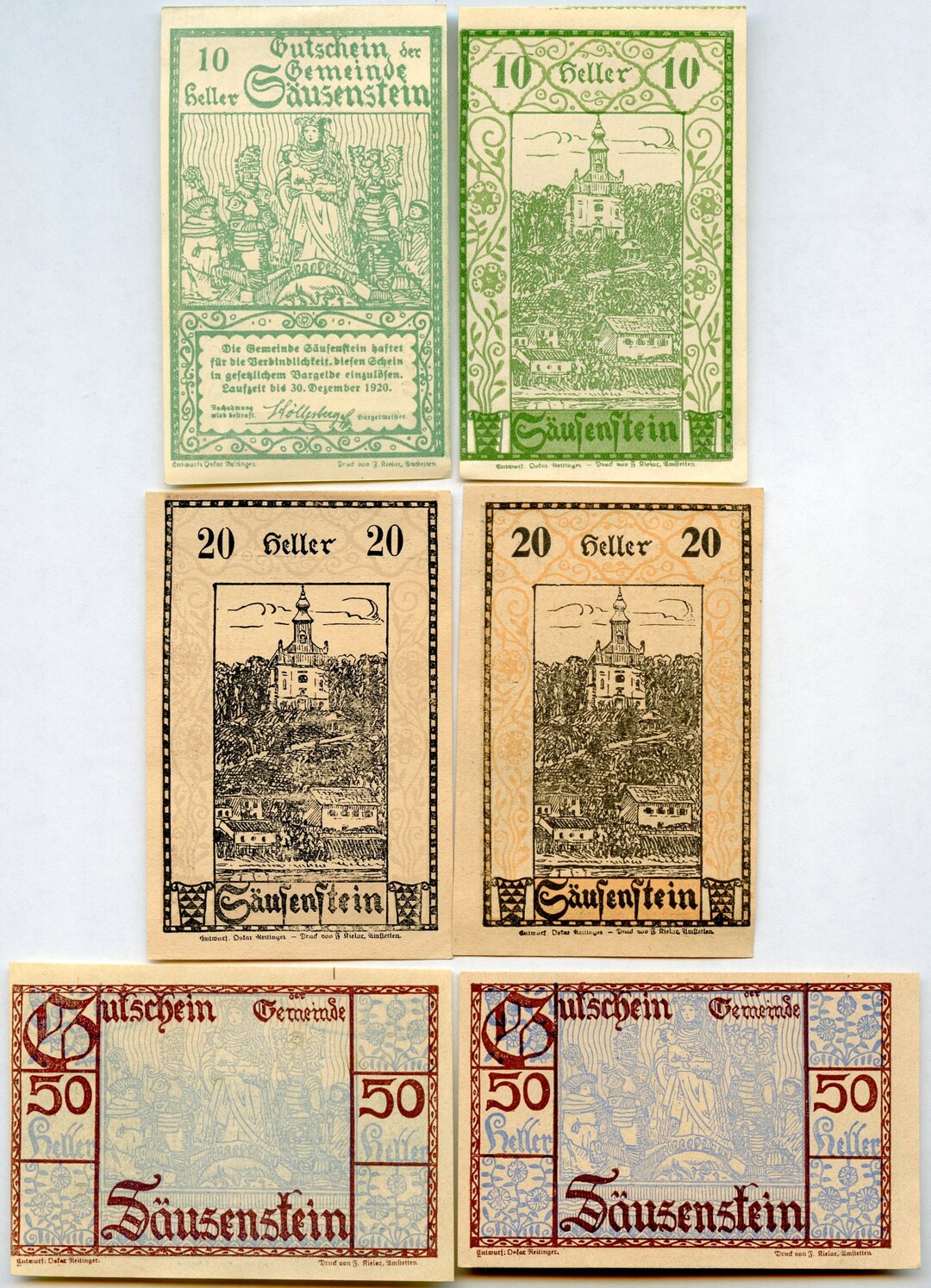 1920 Austria Säusenstein N.Ö. Gemeinde Notgeld 2x10, 2x20, 2x50 Heller ...