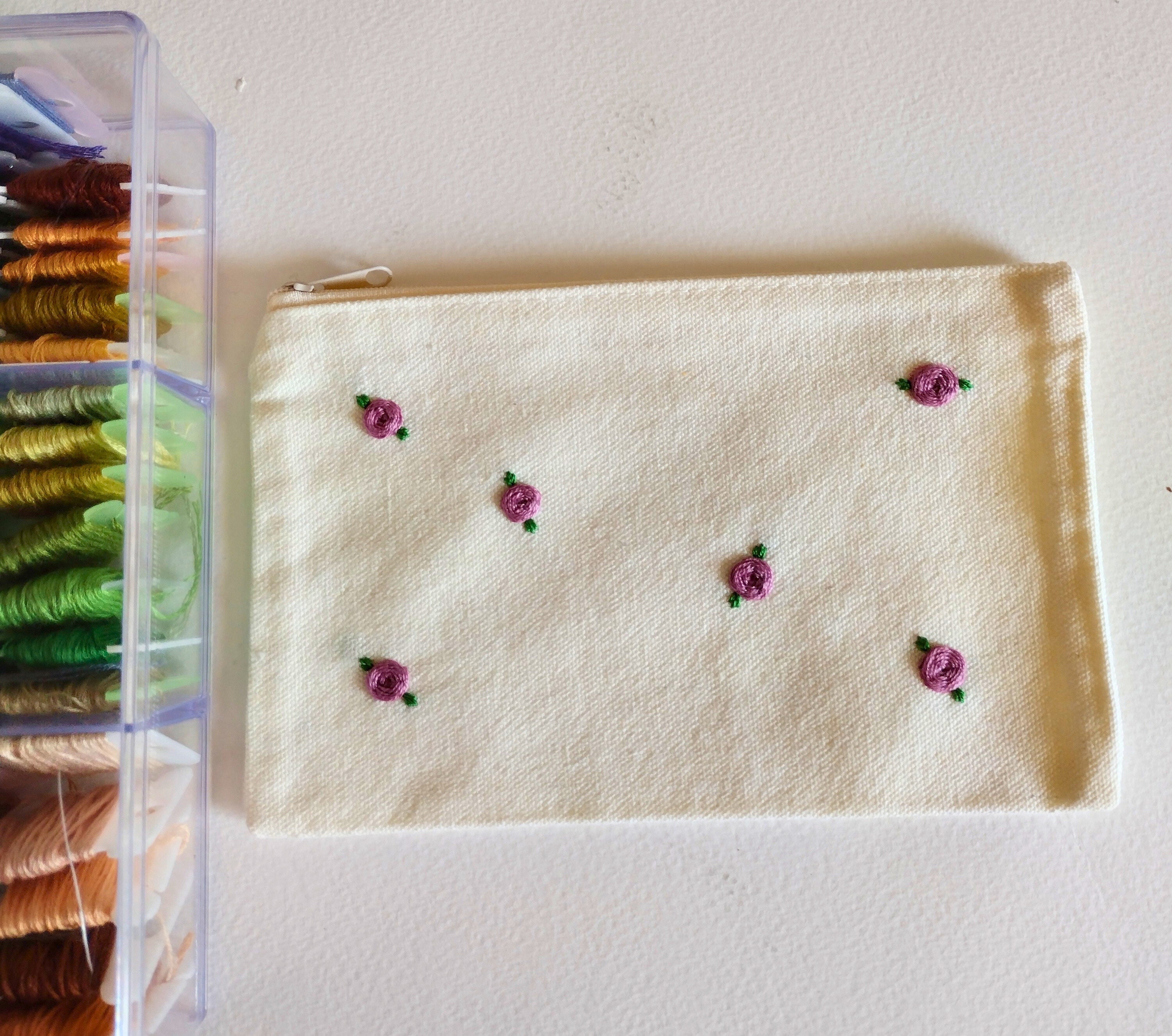 Floral Hand Embroidered Small Canvas Pouch With Zipper, Cosmetic Bag ...