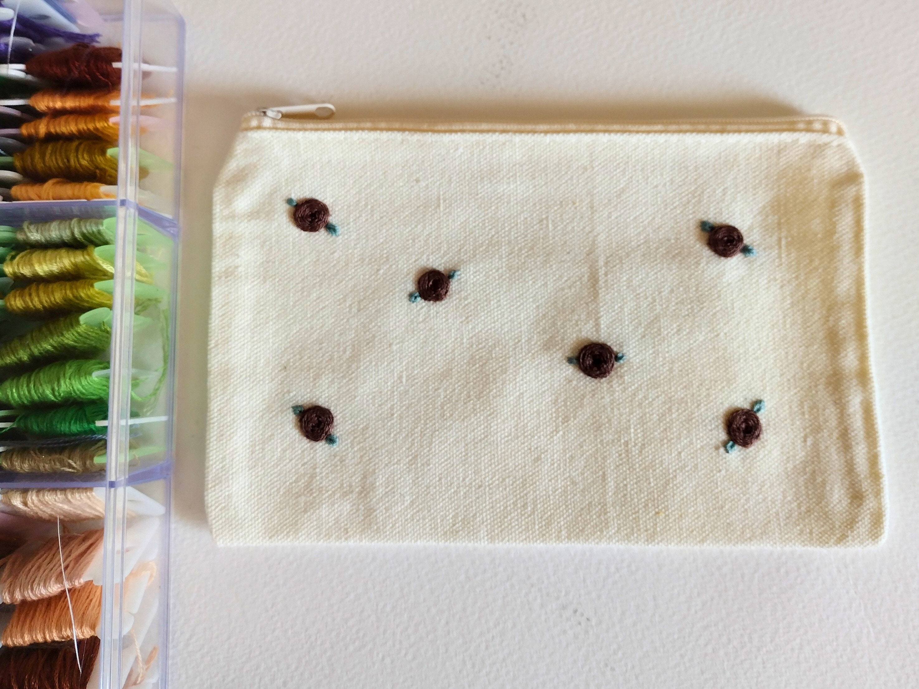 Floral Hand Embroidered Small Canvas Pouch With Zipper, Cosmetic Bag ...