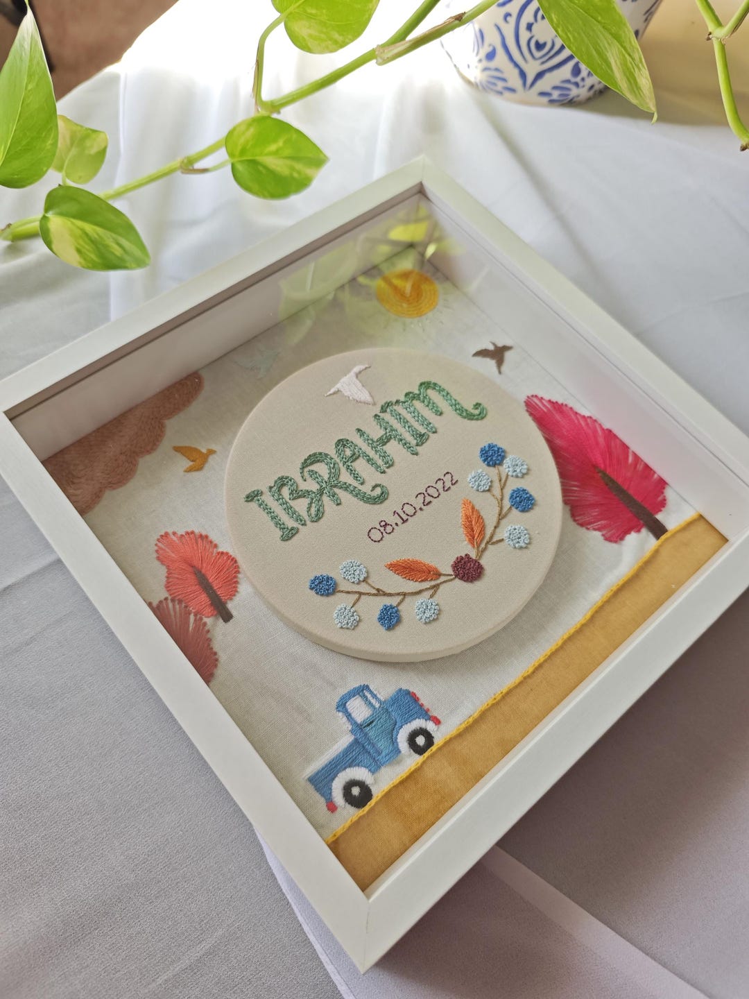 Personalized Hand Embroidered Shadow Box: Baby Name Keepsake Nursery ...