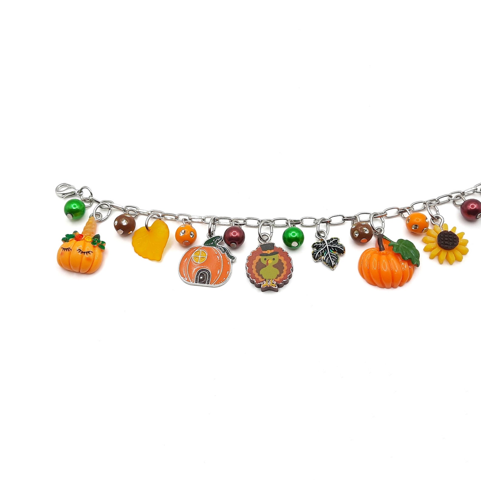 Personalized Autumn Fall Charm Bracelet, 8" Thanksgiving Holiday ...