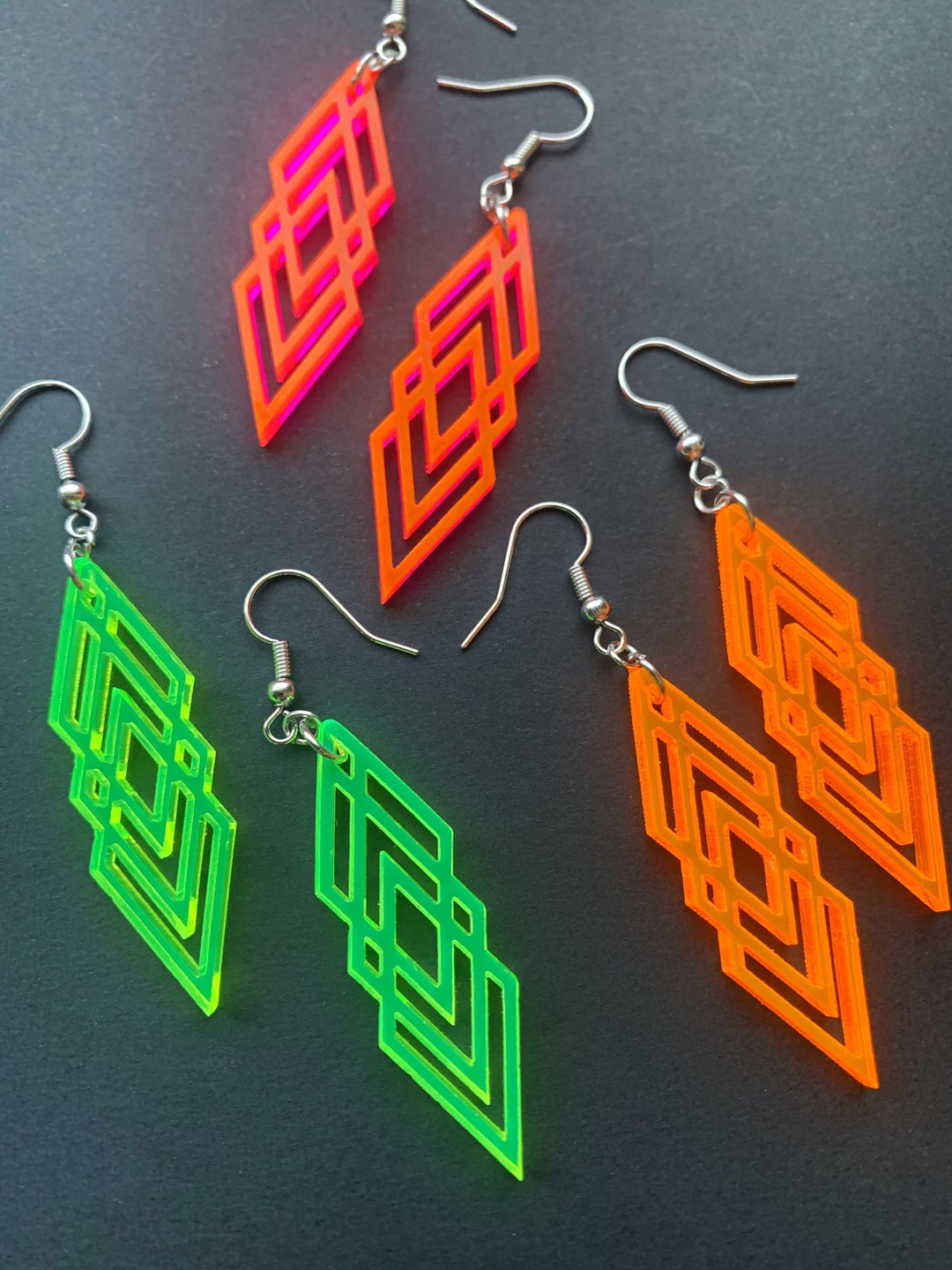 Layered Diamonds Neon Fluorescent Earrings | Glowing Acrylic Lasercut ...