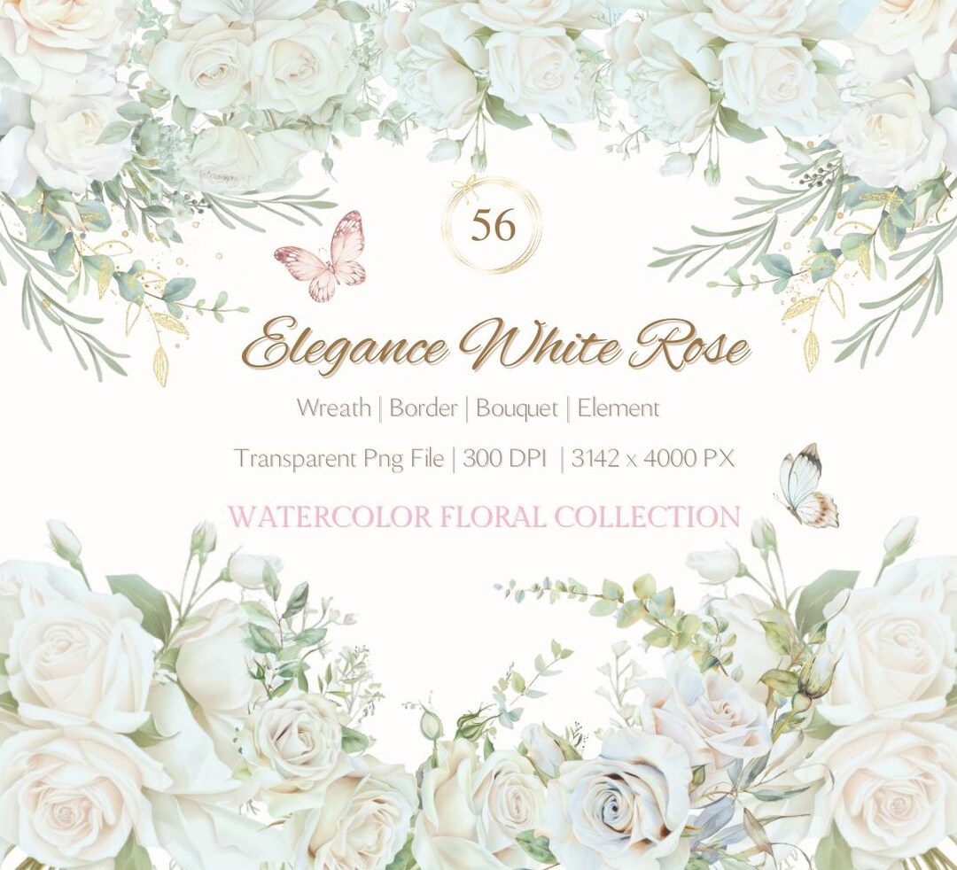 Elegant White Rose Clipart, Wedding Floral Clipart, Sage Green Flower ...