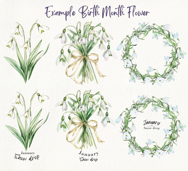 Watercolor Birth Month Flower Clipart: Bouquet & Wreath (digital PNG ...