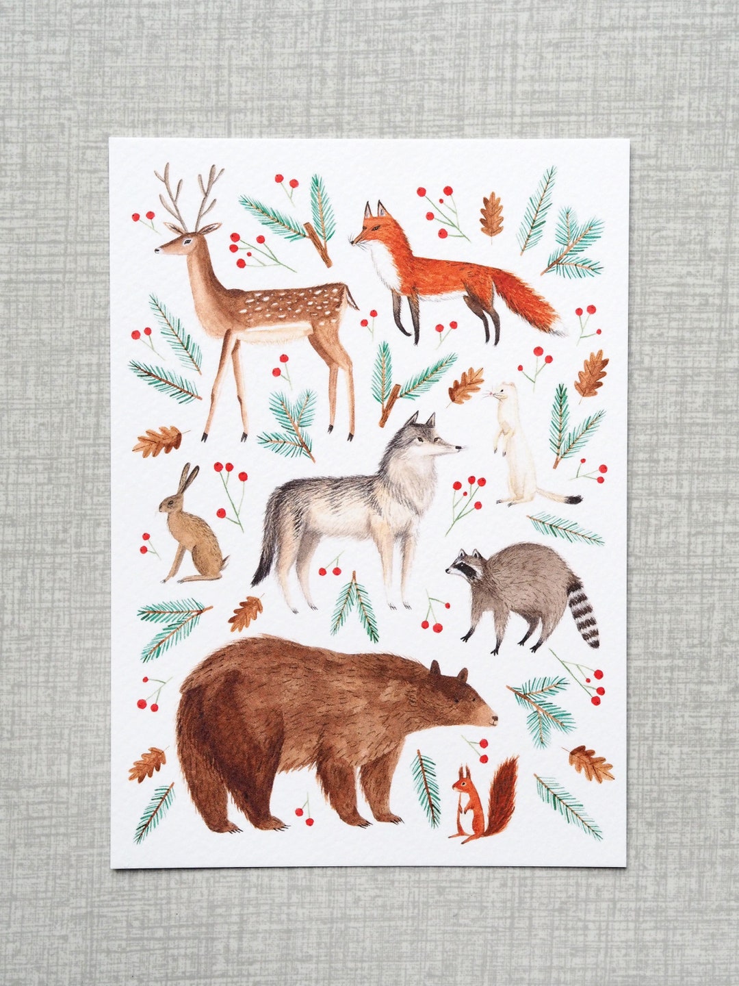 Woodland Animals Christmas Card in A6 Postcard Size Including Envelope ...