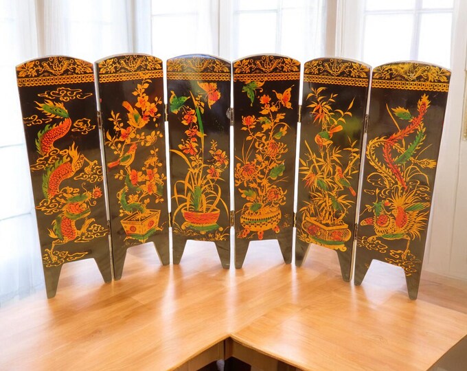 Vintage Asian 4 Panel Screen Tabletop Japanese Oriental Wood Birds Hand ...