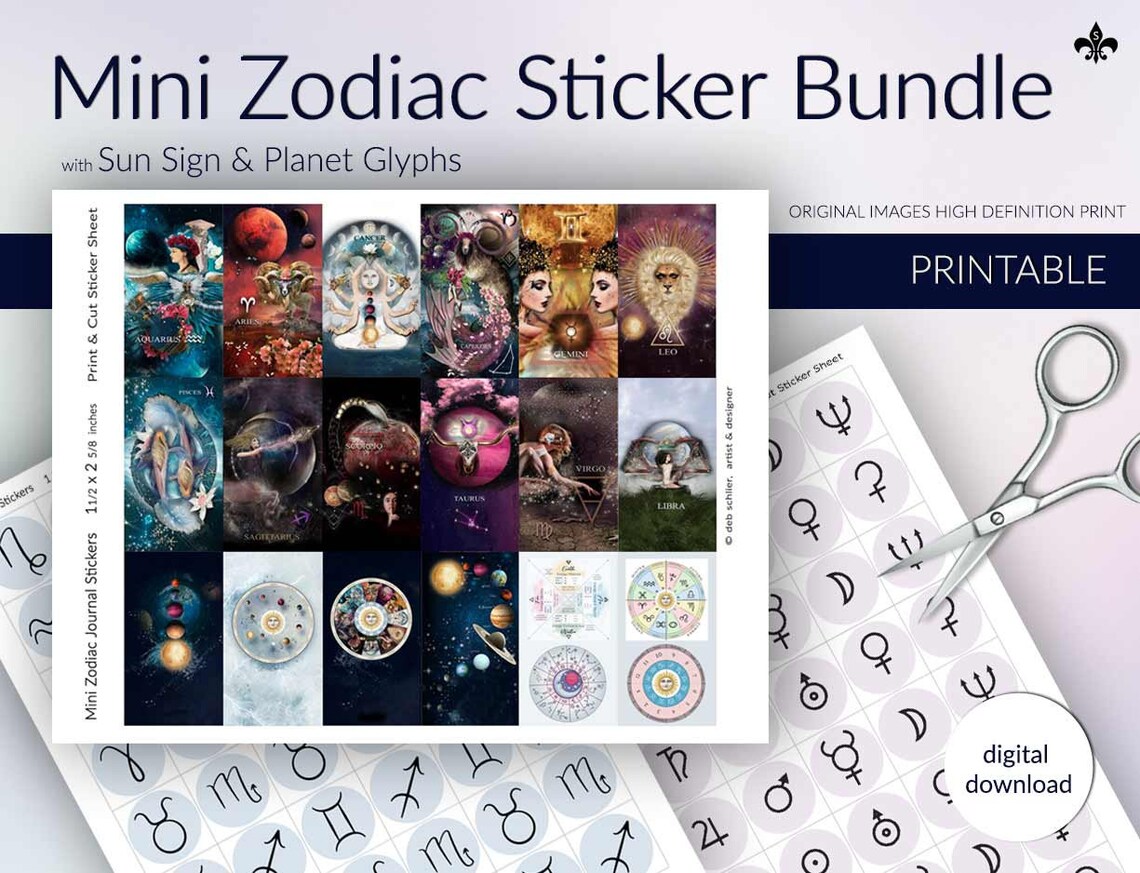 Mini Zodiac Art Cards, DIY Printable Astrology Stickers, Sun Sign ...
