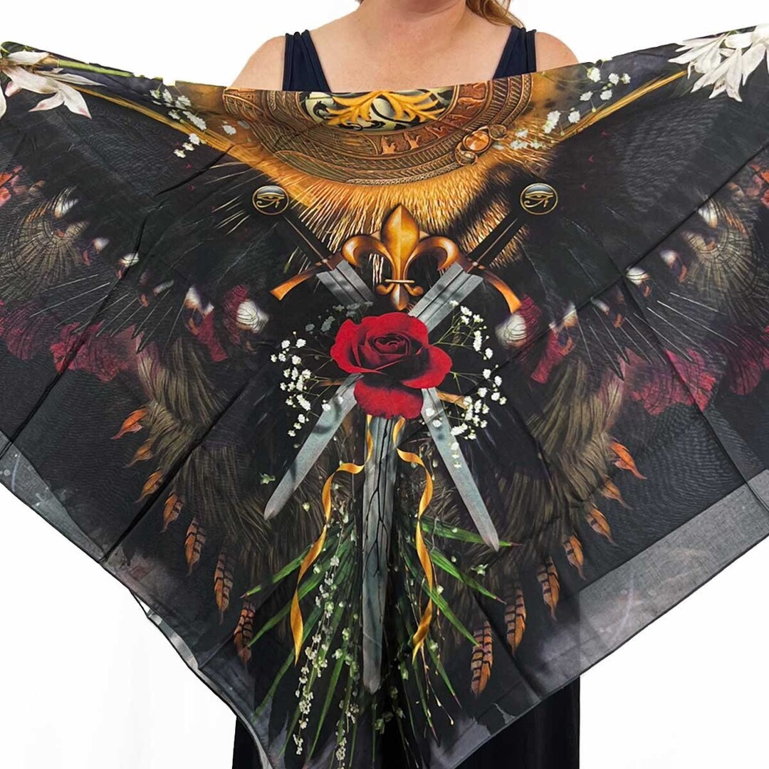 Raven Wings Silk Blend Scarf, Roses Feathers, Large Square Shawl - Etsy