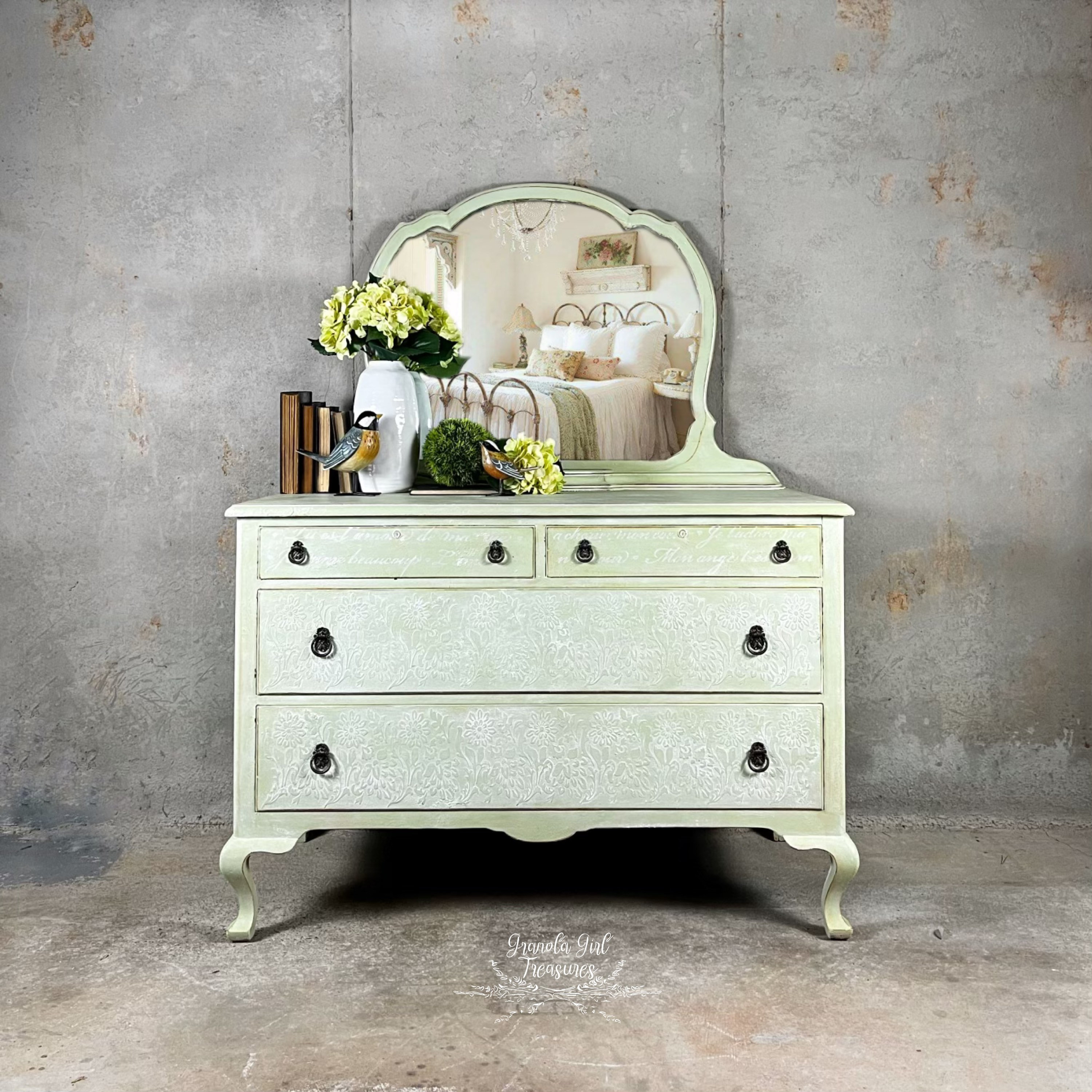 Victorian Era Green Vintage Mirrored 1940s Dresser Four Drawer Dresser Hand Painted Mirrored Chest Lemon Green Orange Storage Bureau Etsy