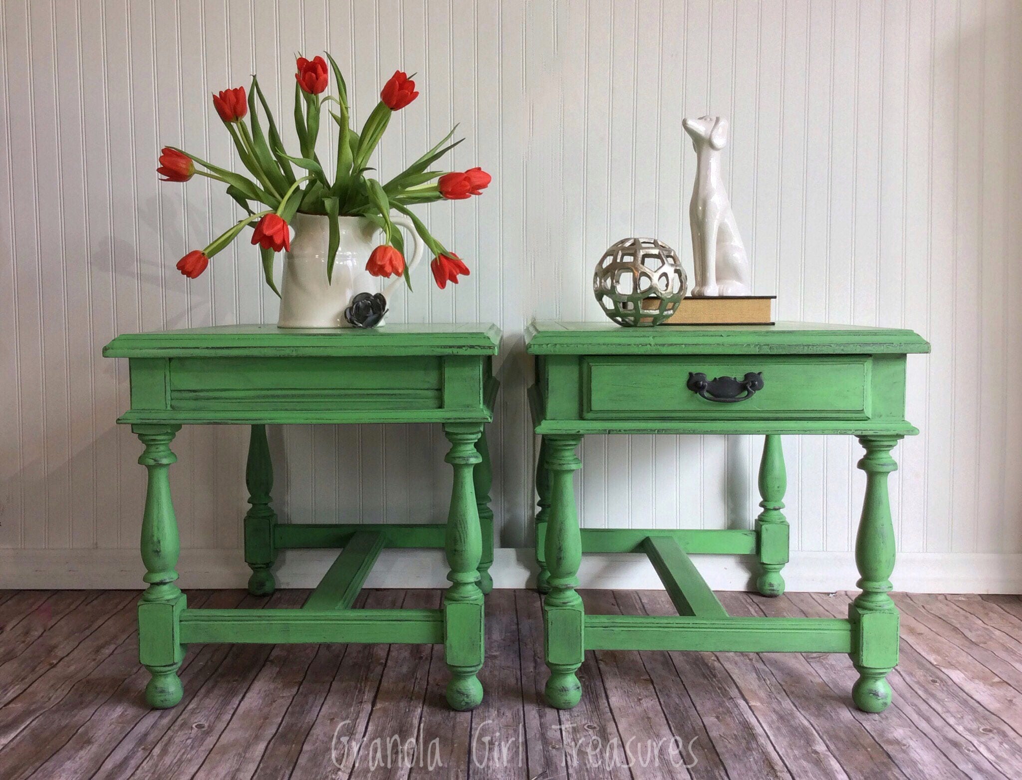Vintage Green Chalk Paint End Tables: Shabby Chic Nightstands Pair - Etsy