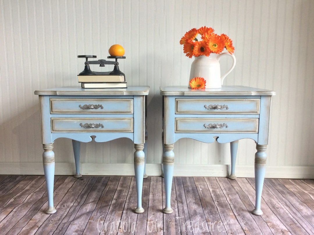 Pair Hand Painted Blue End Table: Vintage Fancher Two Solid Wood Nightstands - Etsy