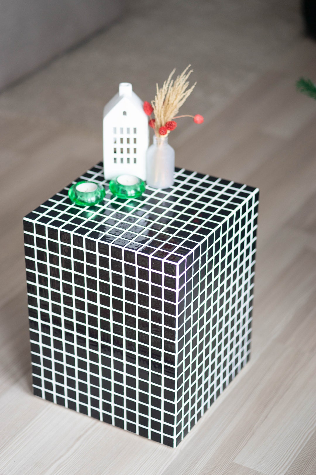 Black Tile Table Tiled Cube Coffee Table Side Table Mosaic Stand 32cm ...