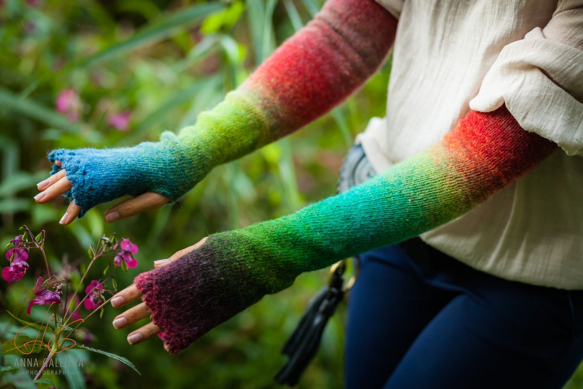Long Rainbow Mittens Wool Knitted Boho Gloves Knitted Long - Etsy