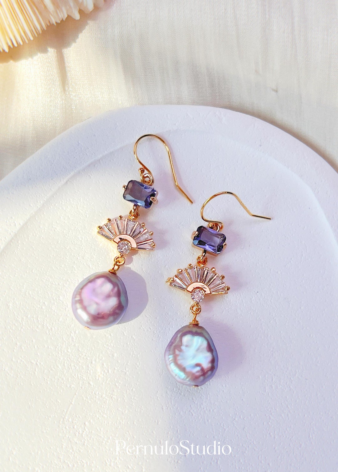 Baroque Pearl Violet Earrings | Purple Pearl Bridal Earrings | Wedding ...