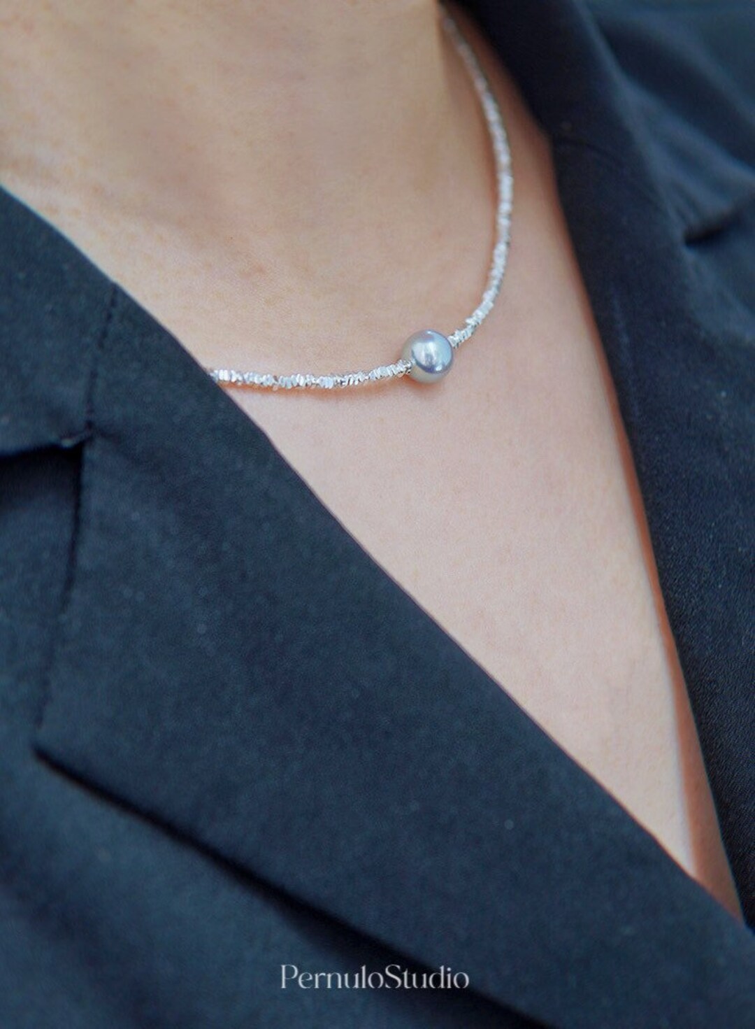 Single Akoya Pearl Silver Choker Silver Beads Japanese Blue Slivery ...