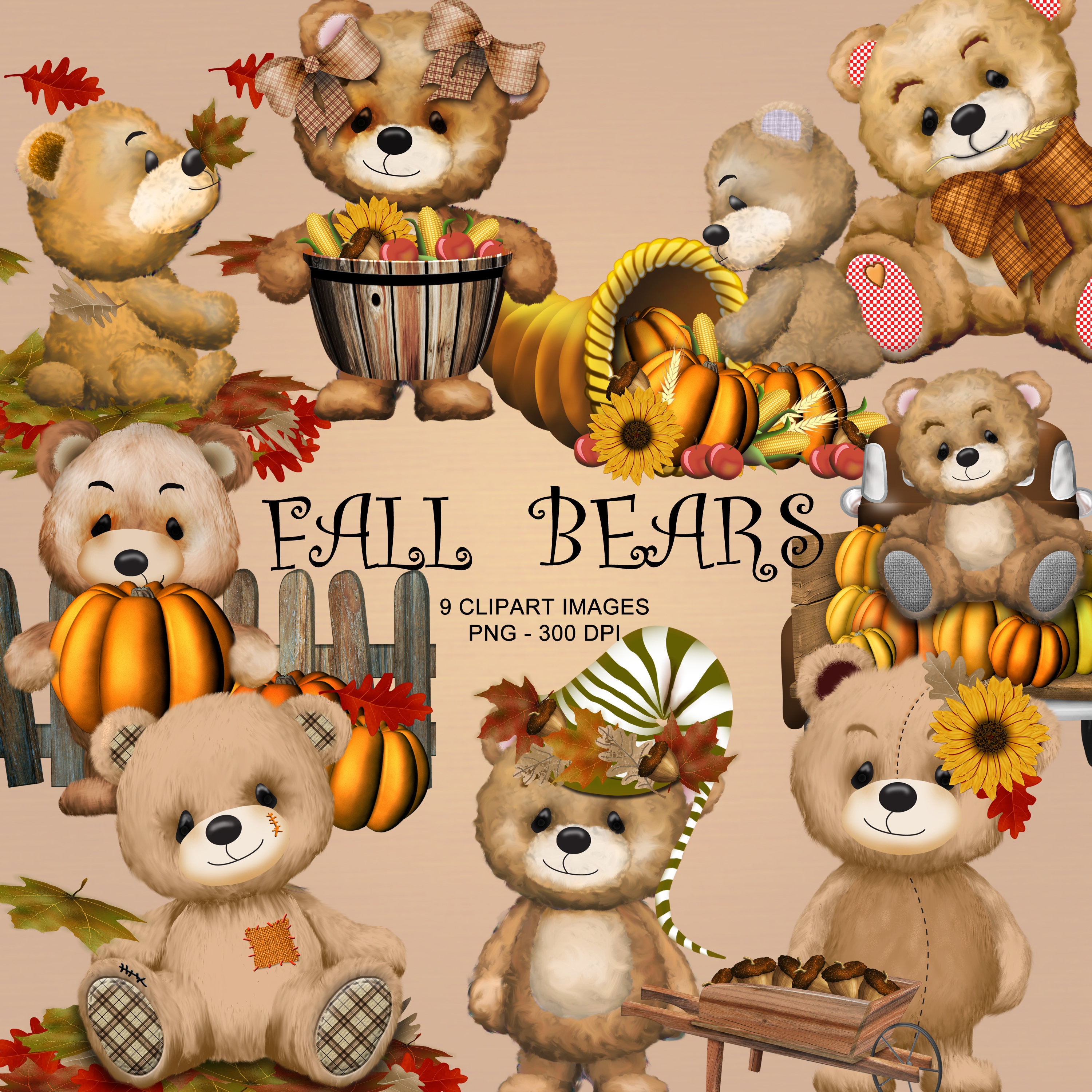 Autumn Teddy Bear Clipart: Fall Thanksgiving Graphics (digital Download ...