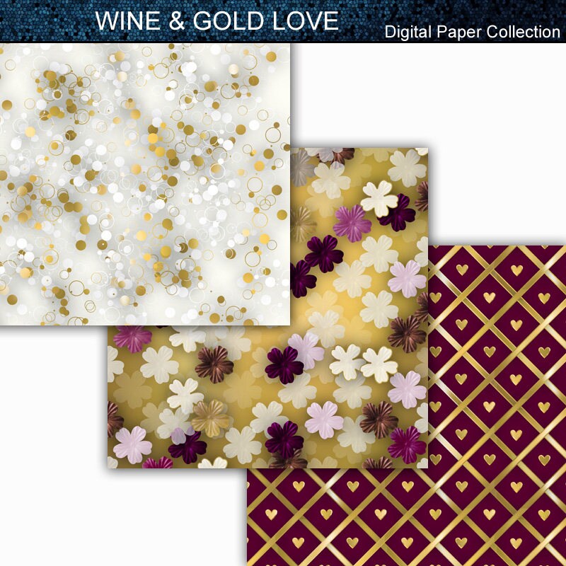 Wine & Gold Love - Digital Paper Collection 12x12 - Etsy