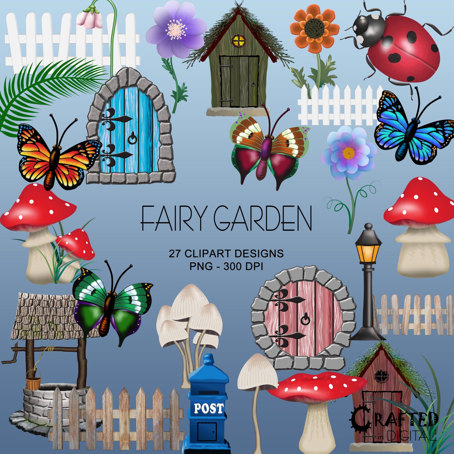 Fairy Garden Clipart Collection Toadstools, Fairy Doors, Butterflies ...