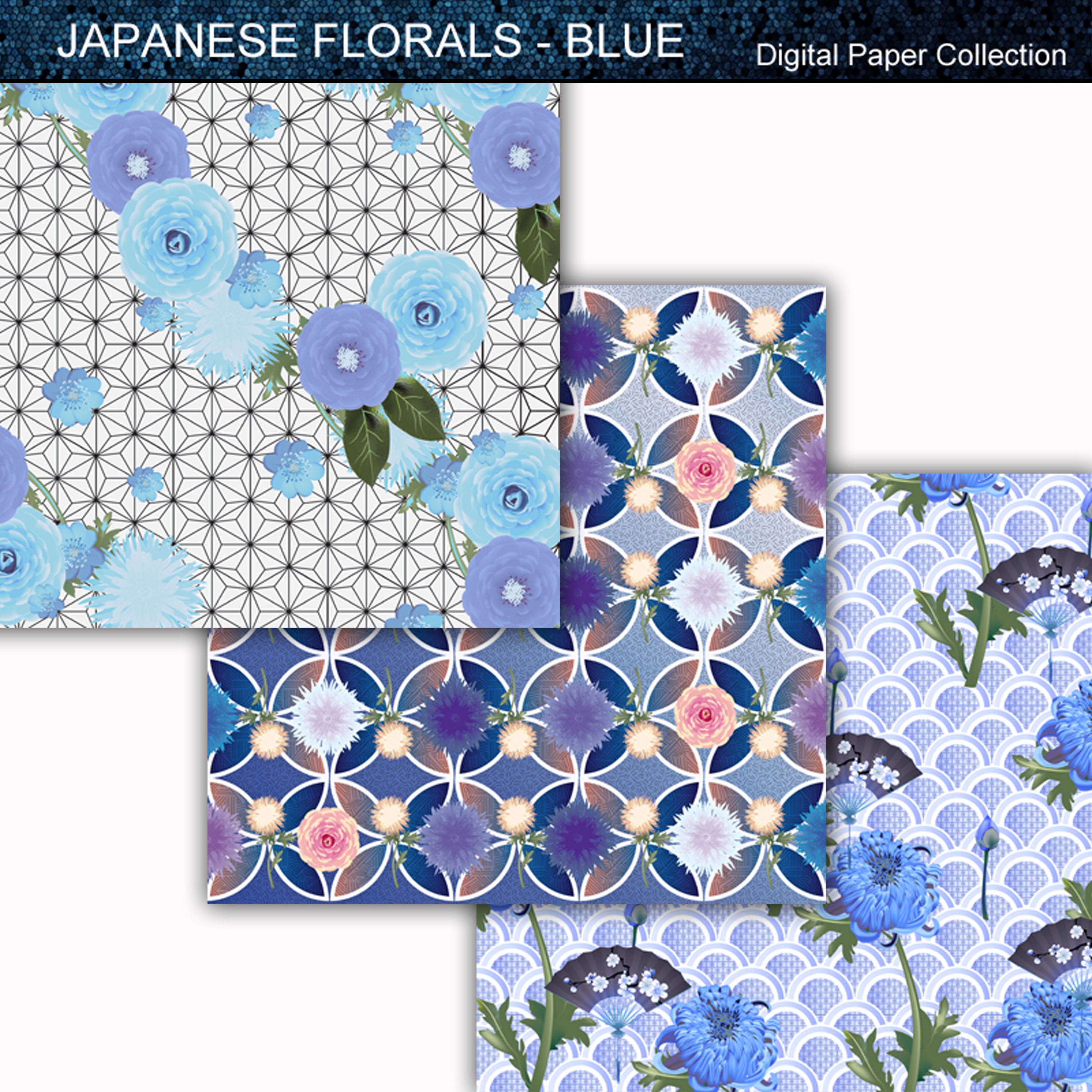 Japanese Florals in Blue - Digital Paper Collection 12x12 - Etsy