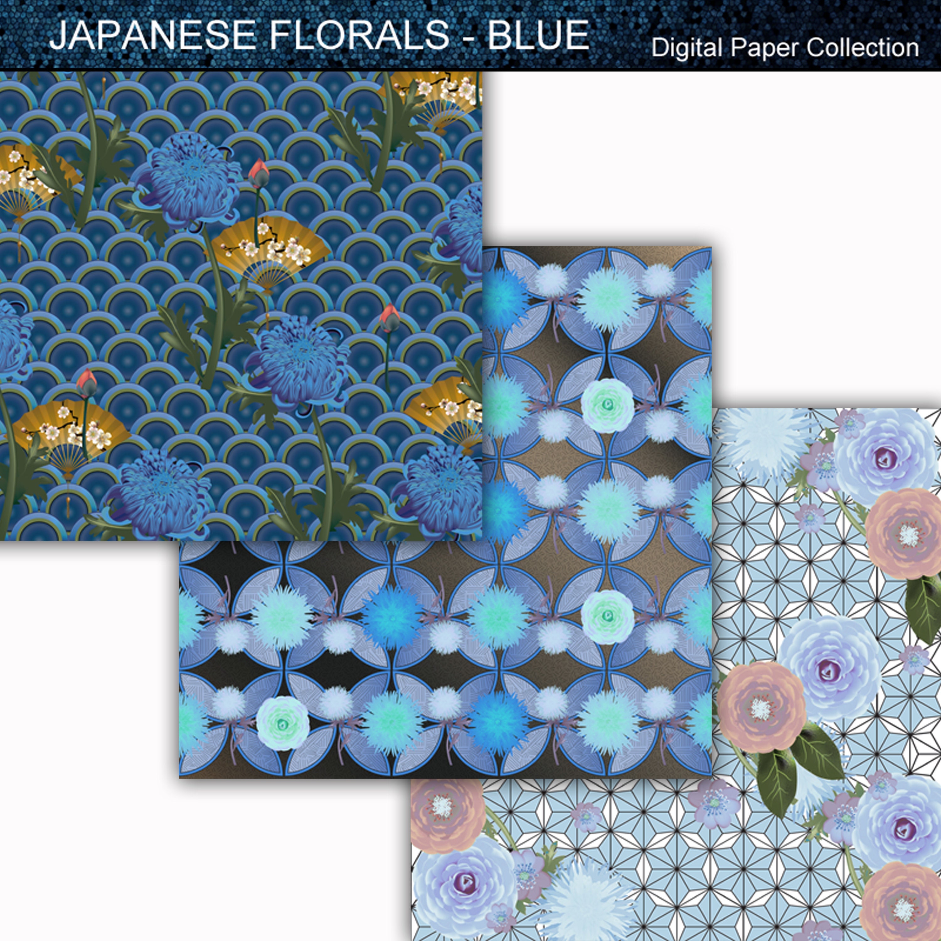 Japanese Florals in Blue - Digital Paper Collection 12x12 - Etsy