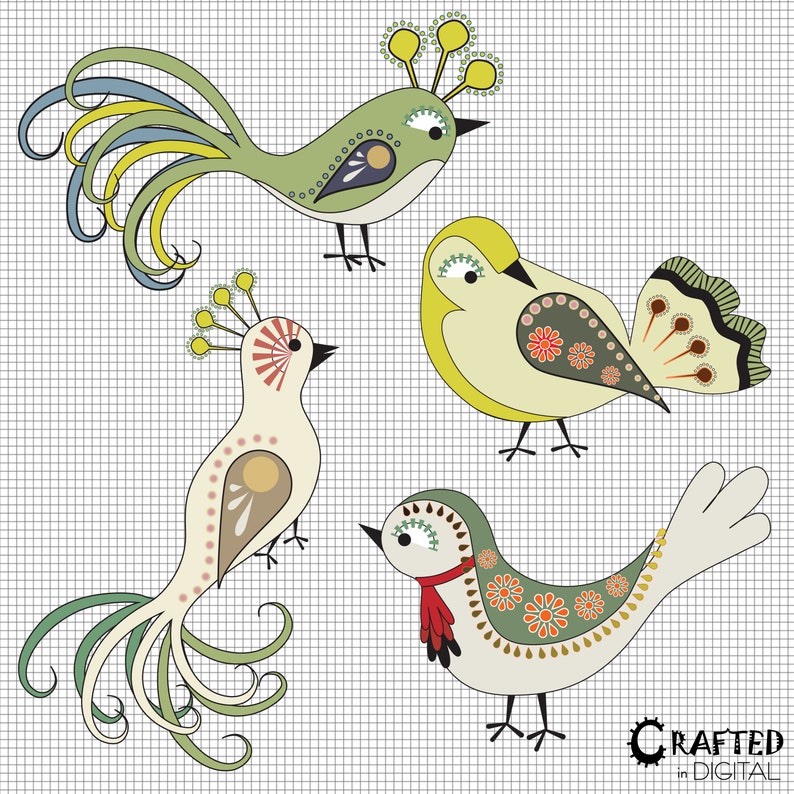 Fancy Birds in Green Clipart Collection - Etsy