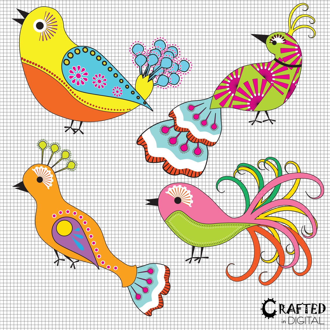 Bright Fancy Birds Clipart Collection - Etsy