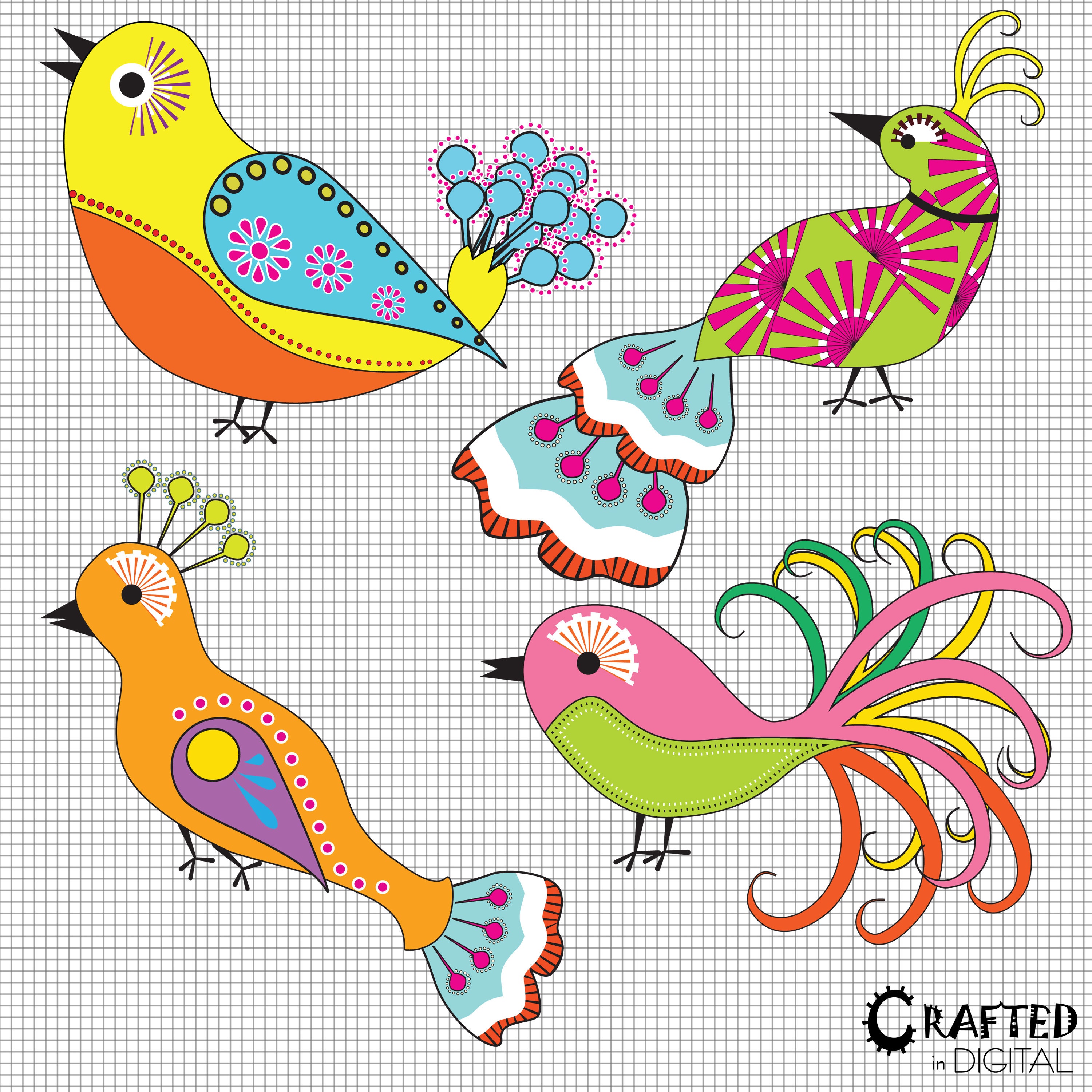 Bright Fancy Birds Clipart Collection | Etsy