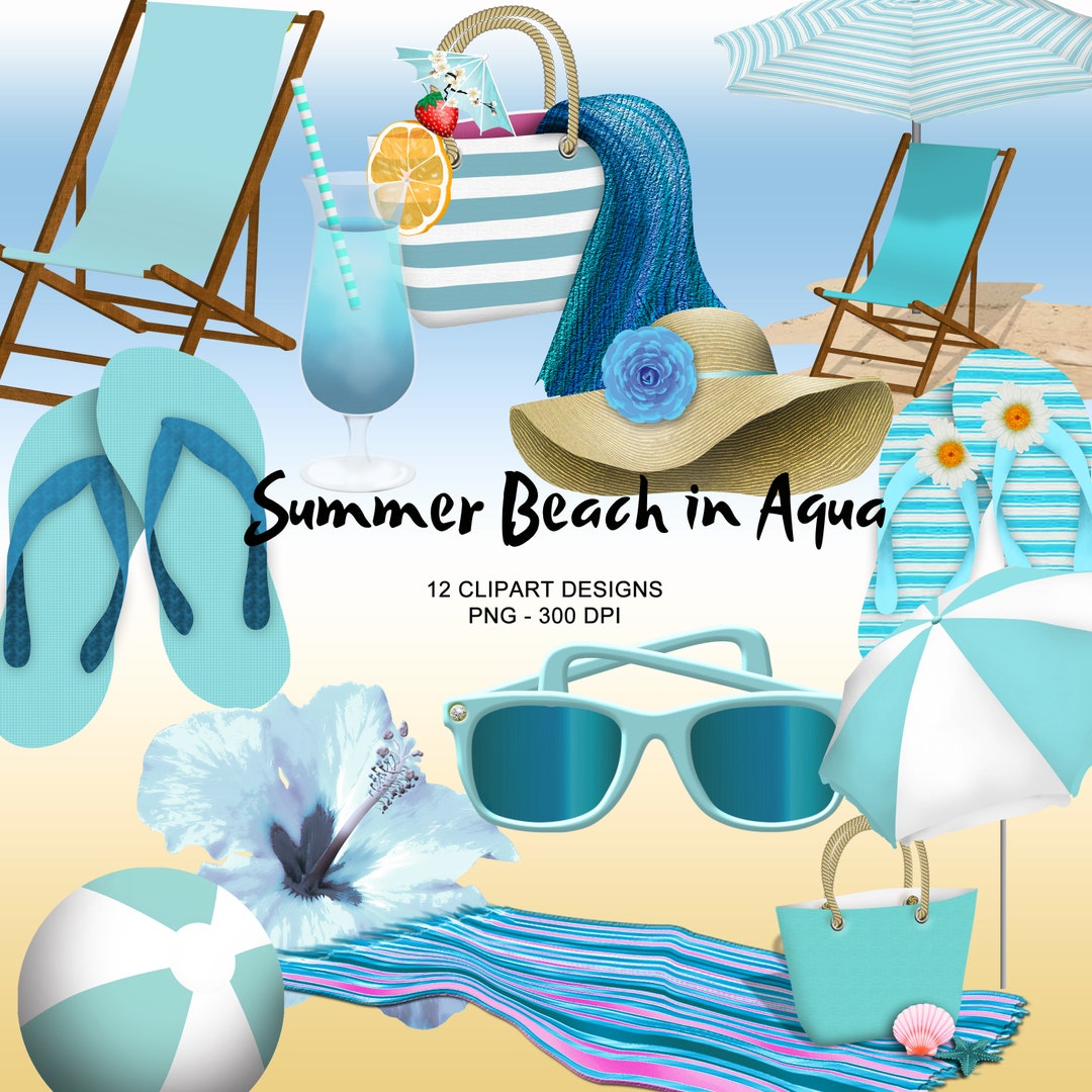 Summer Beach in Aqua - Pastel Summer Clipart Collection - Etsy