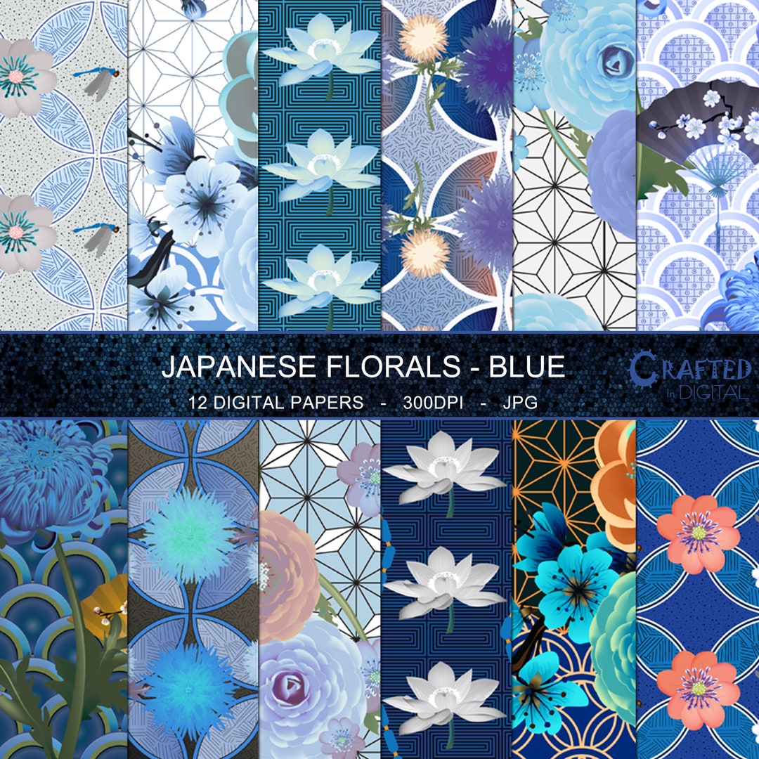 Japanese Florals in Blue - Digital Paper Collection 12x12 - Etsy Australia