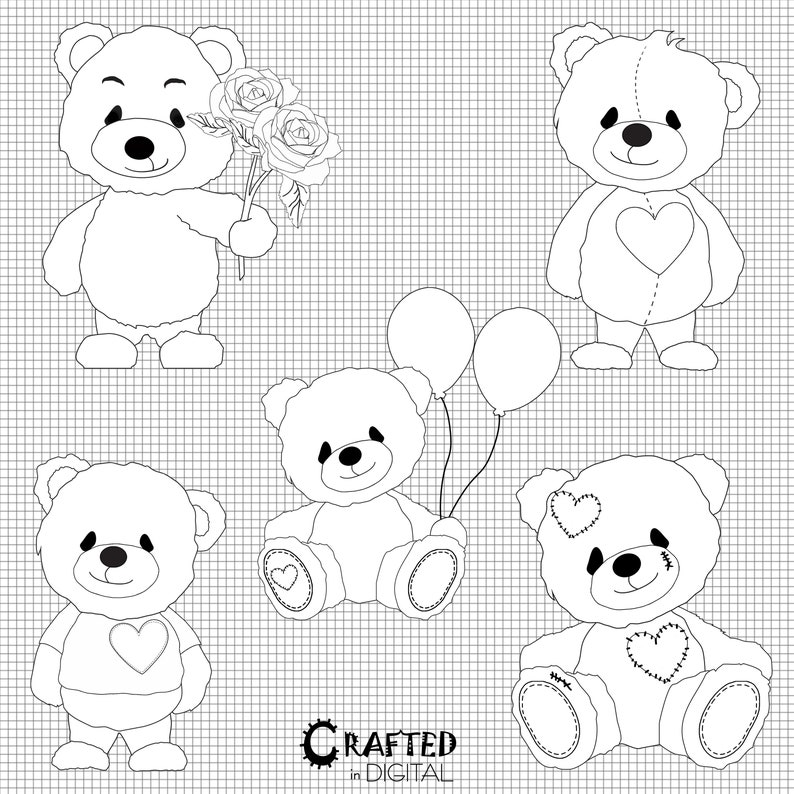 Valentine Bears Digital Stamps 9 Black & White | Etsy