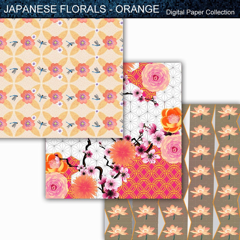 Japanese Florals in Orange Digital Paper Collection 12x12 | Etsy