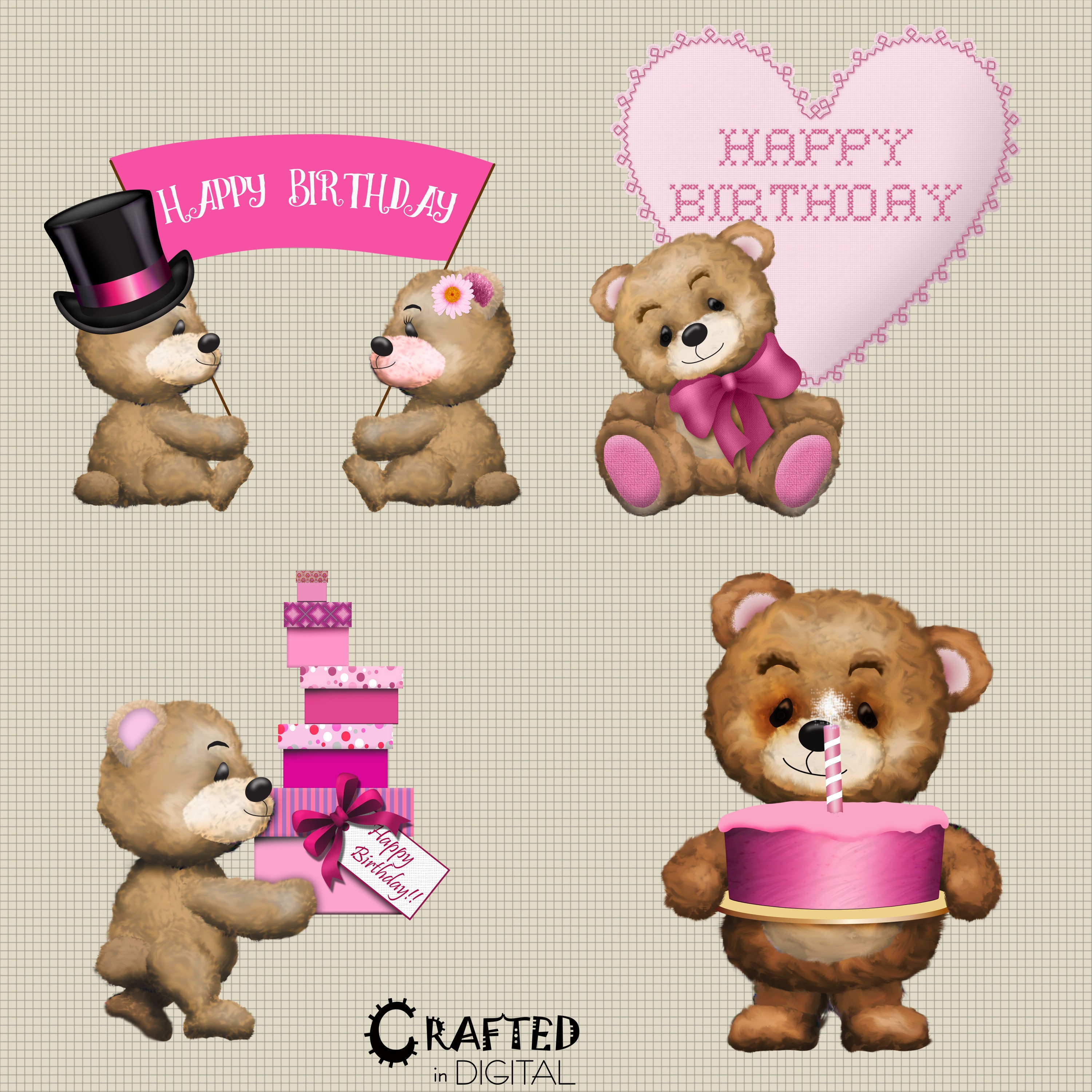 Birthday Bears in Pink Teddy Bear Clipart Collection | Etsy