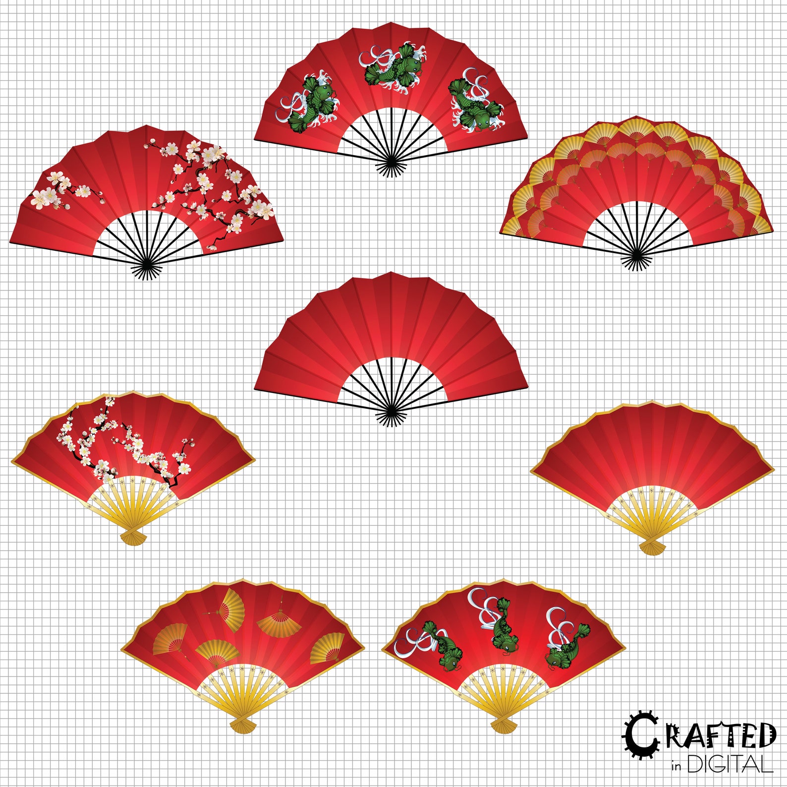 Red Coloured Japanese Fans Clipart Collection | Etsy Australia