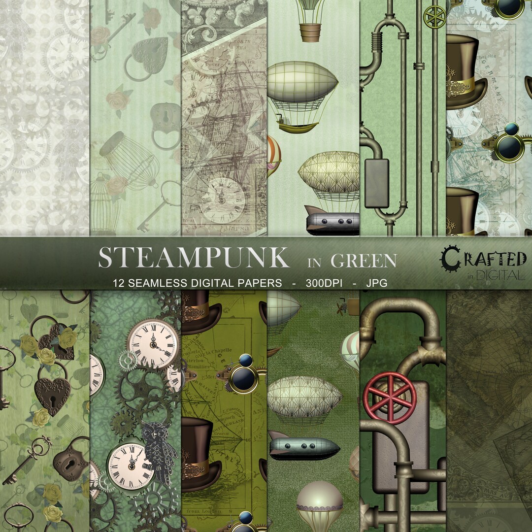 Green Steampunk Digital Paper: 12" Seamless Designs (digital Download ...