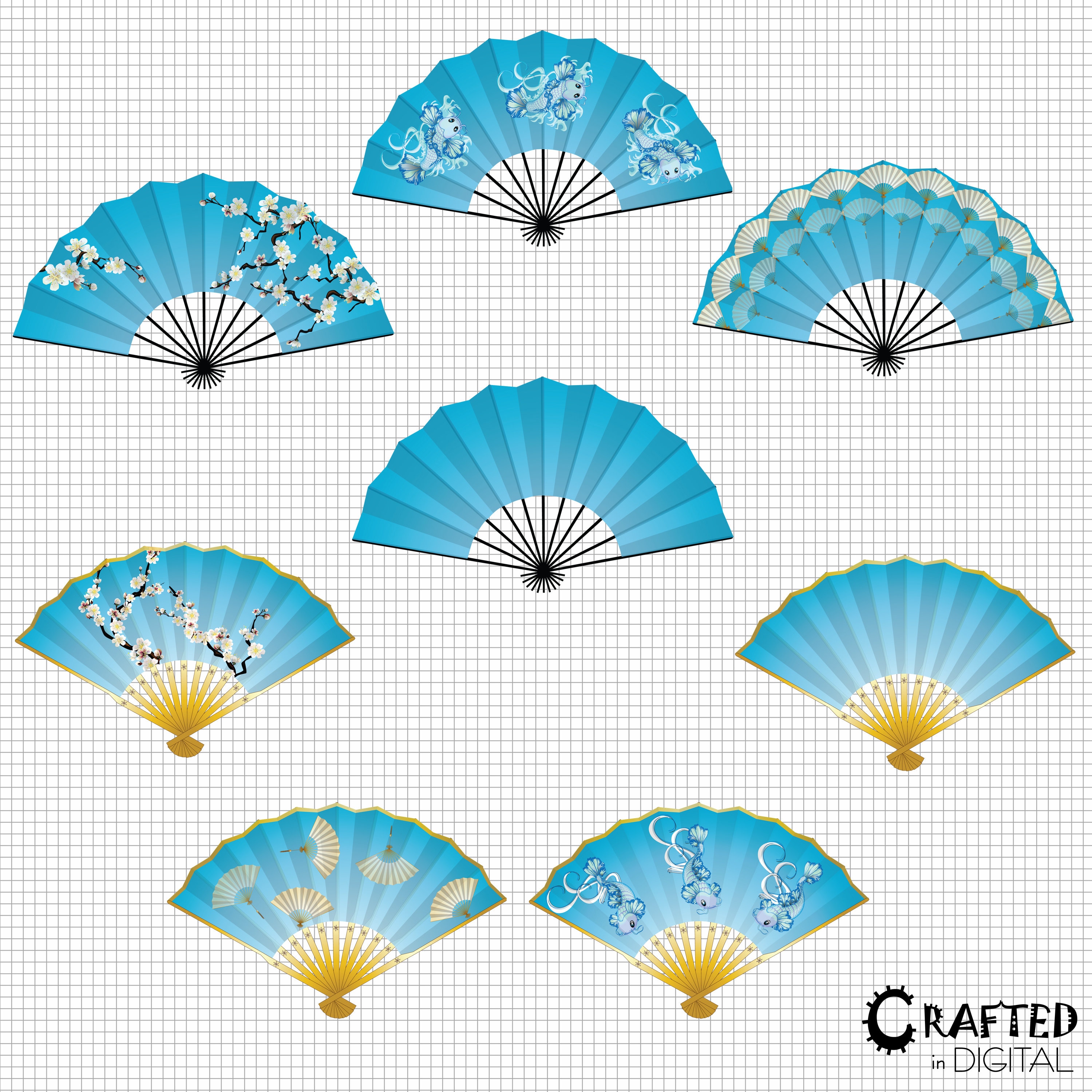 Blue Coloured Japanese Fans Clipart Collection | Etsy