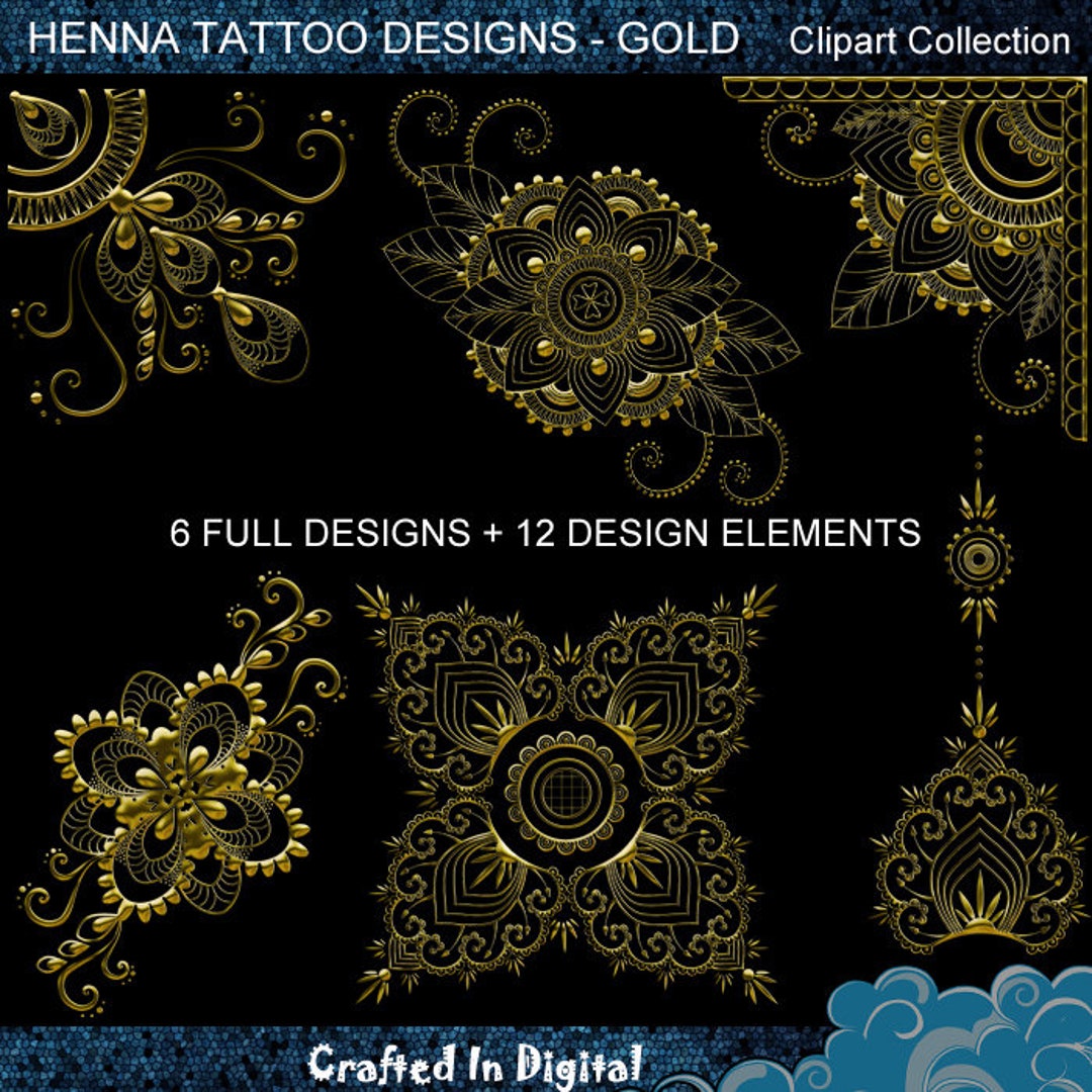Henna Tattoo Designs, Mehndi Designs in Gold - Clipart Collection - Etsy