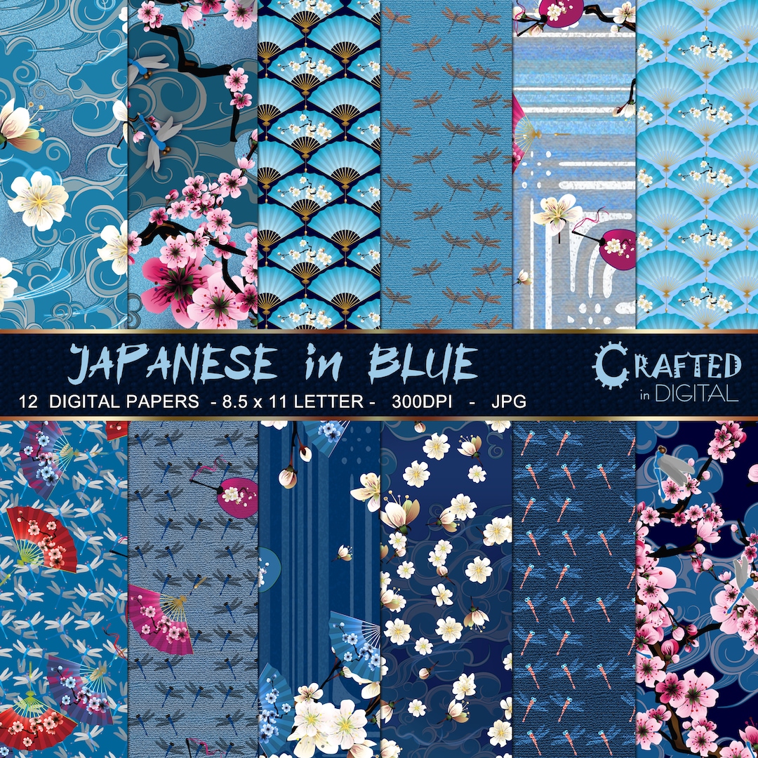 Japanese in Blue - 8.5 X 11 - LETTER - Digital Paper Collection - Etsy