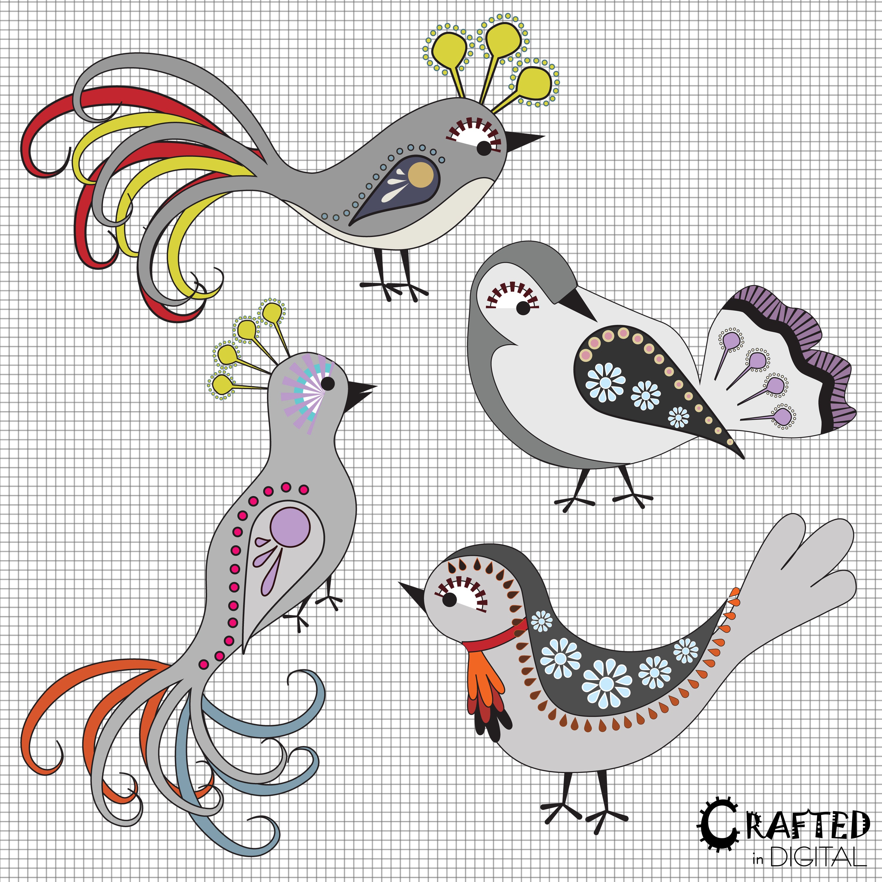 Fancy Birds in Grey Clipart Collection - Etsy