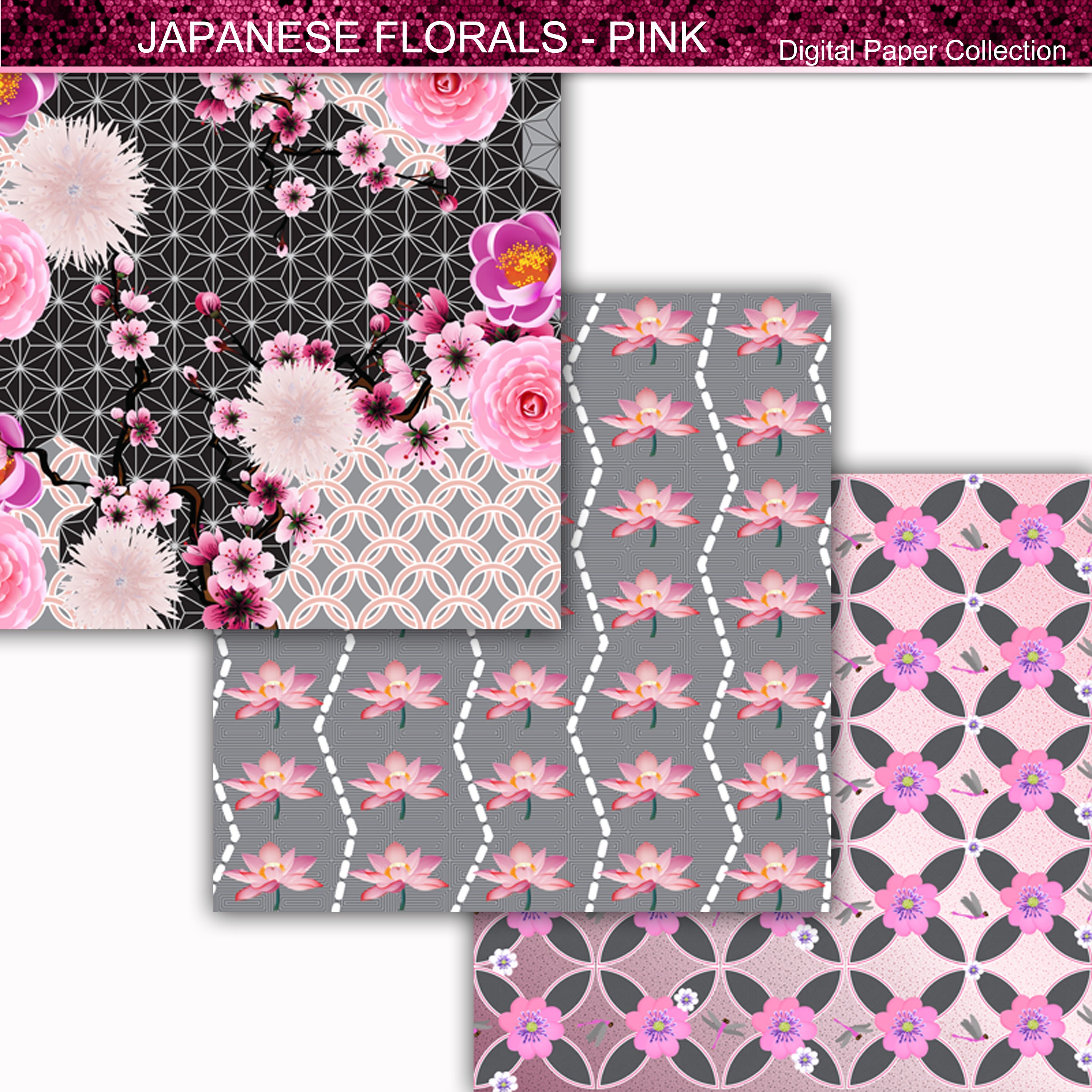 Japanese Florals in Pink - Digital Paper Collection 12x12 - Etsy