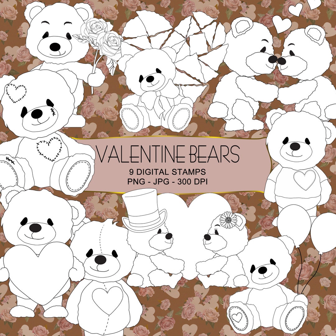 Valentine Bears Digital Stamps - 9 Black & White Valentine's Day ...