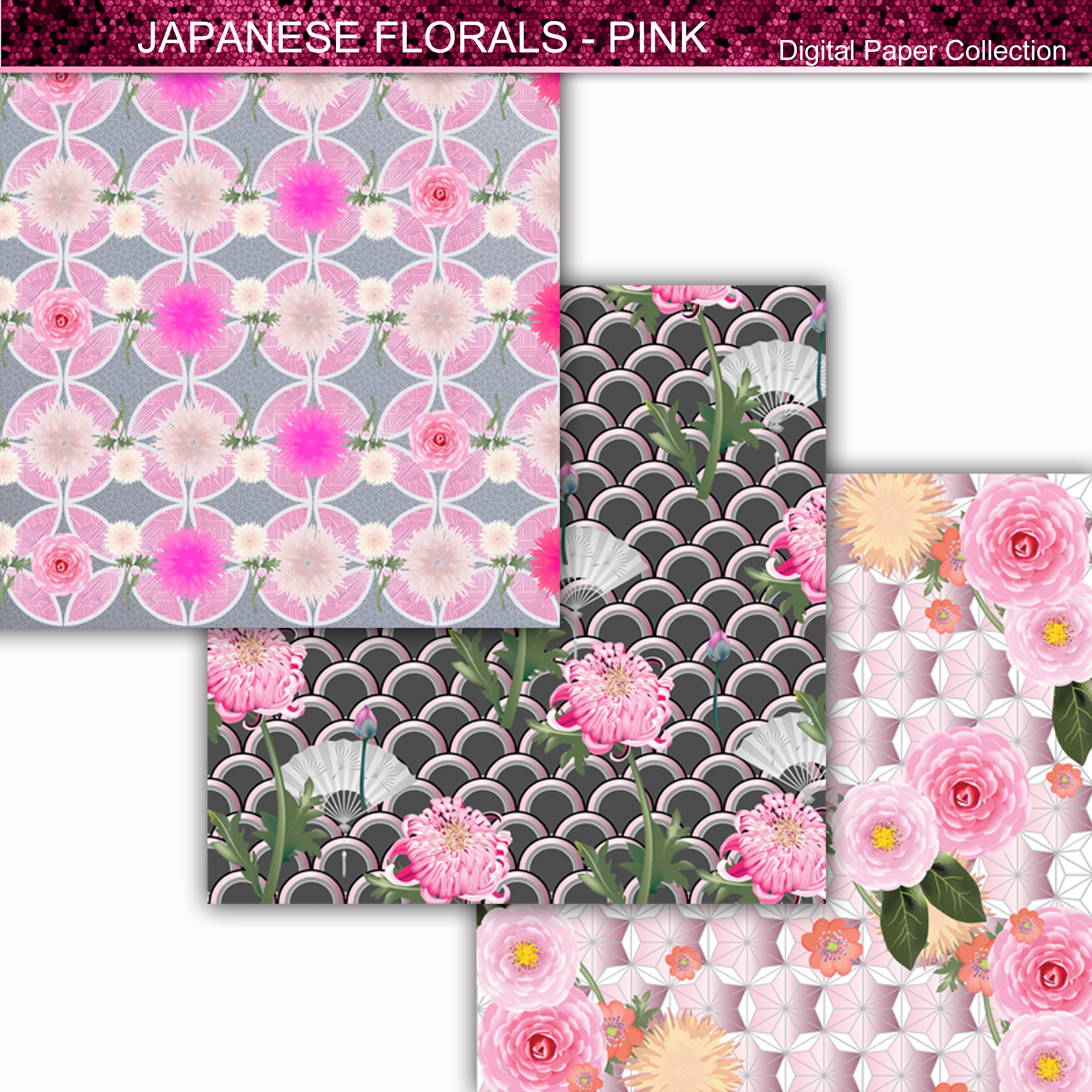 Japanese Florals in Pink Digital Paper Collection 12x12 | Etsy