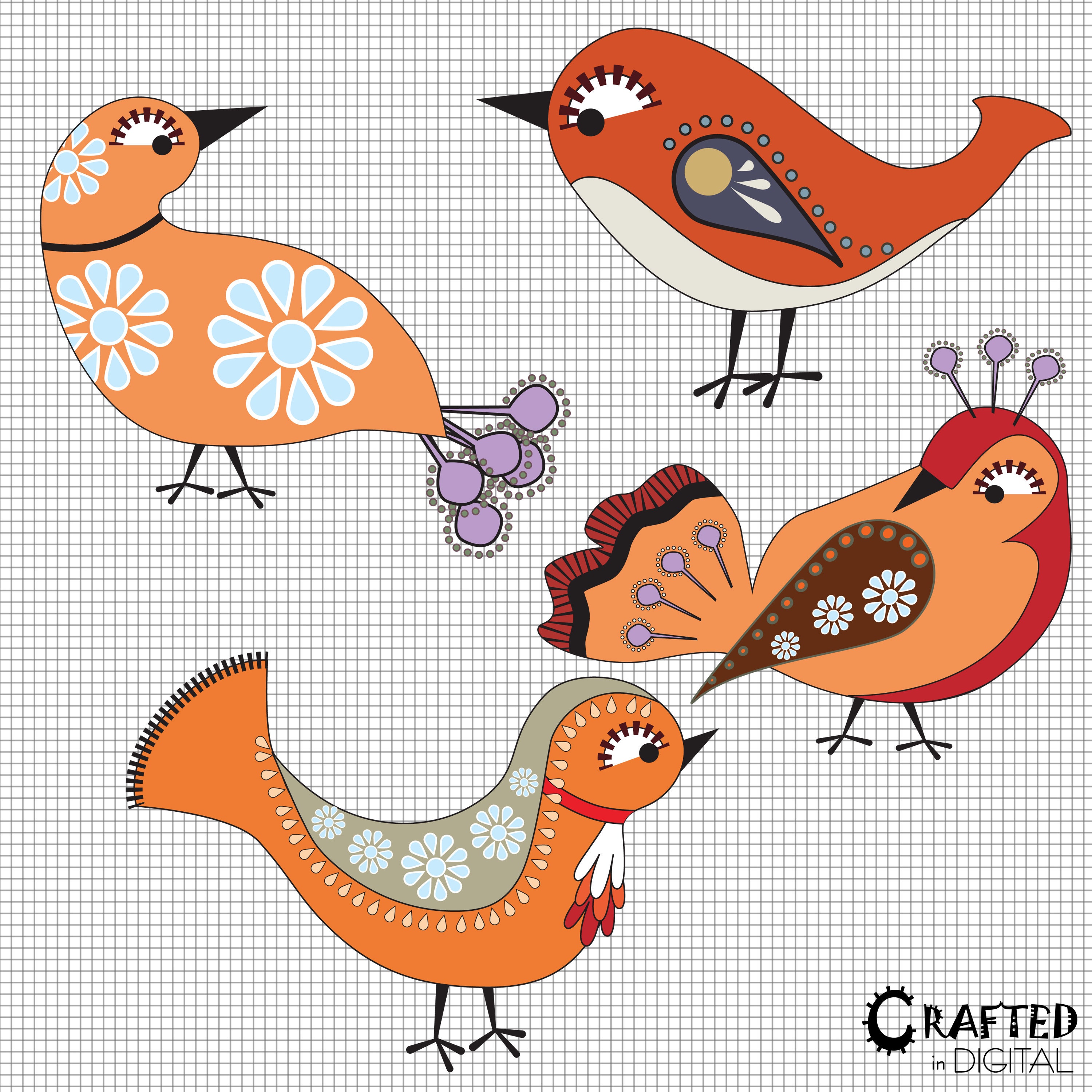 Fancy Birds in Orange Clipart Collection - Etsy