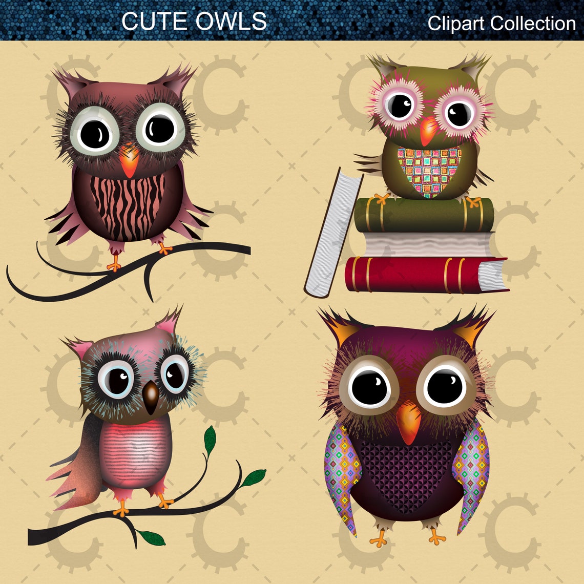 Cute Vintage Coloured Owls Owl Clipart Collection | Etsy