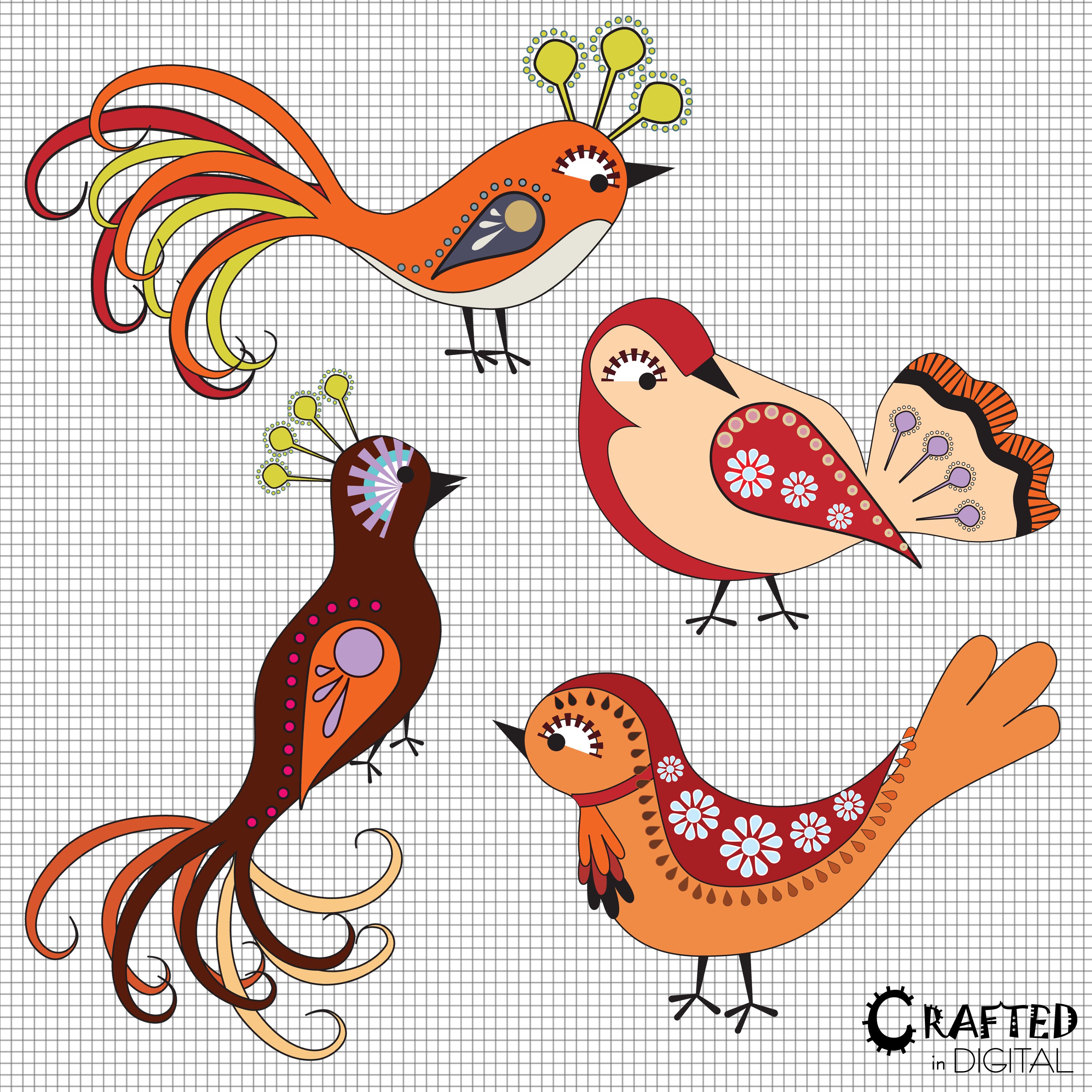 Fancy Birds in Orange Clipart Collection - Etsy