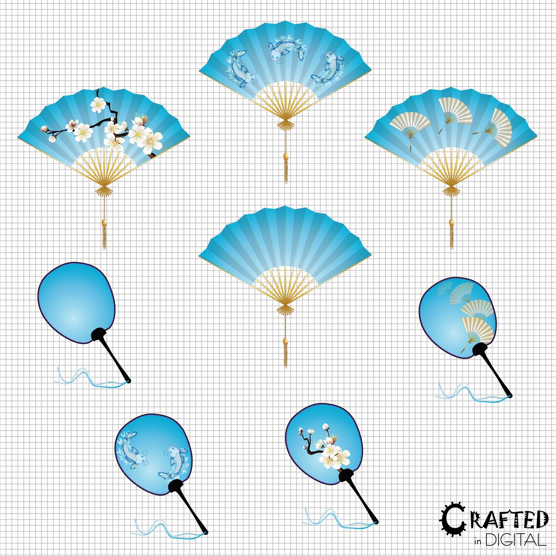 Blue Coloured Japanese Fans Clipart Collection | Etsy