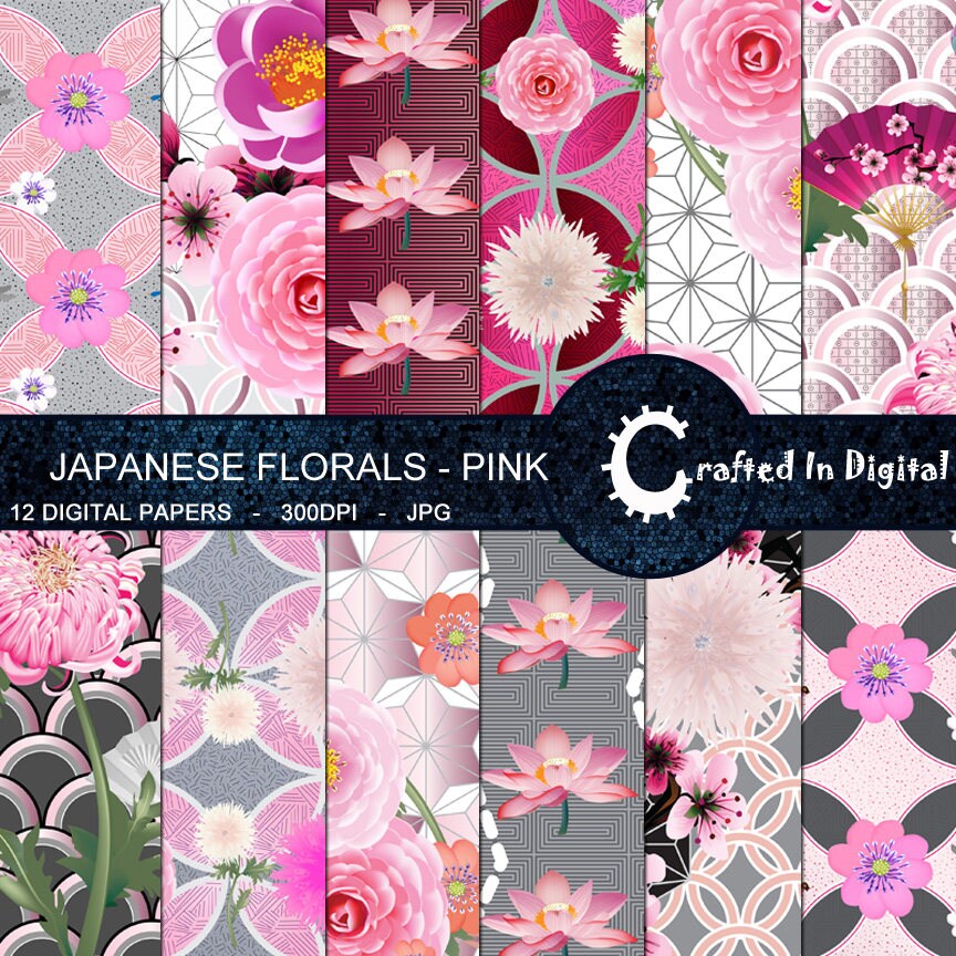 Japanese Florals In Pink Digital Paper Collection 12x12 | Etsy