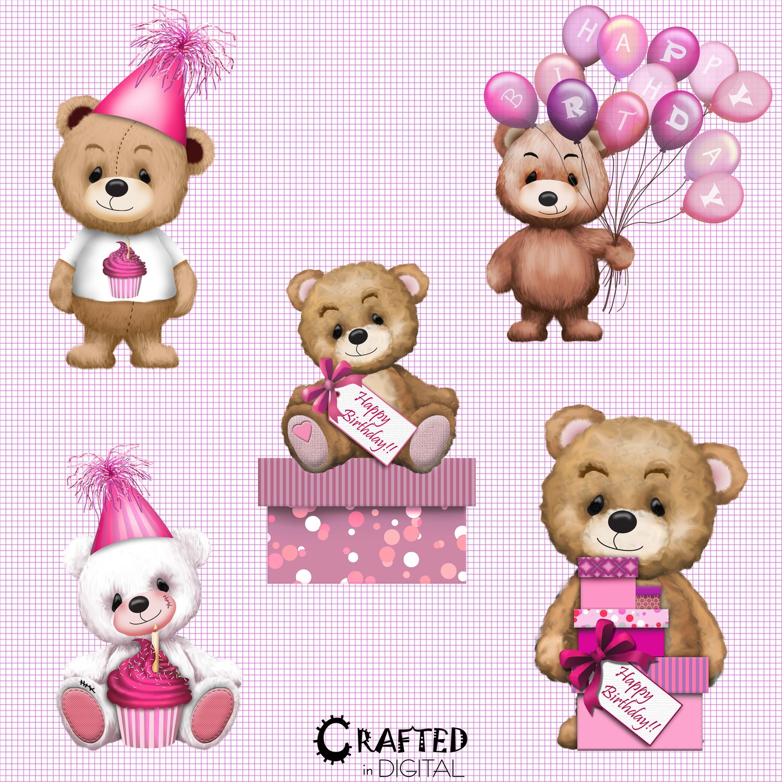 Birthday Bears in Pink Teddy Bear Clipart Collection - Etsy